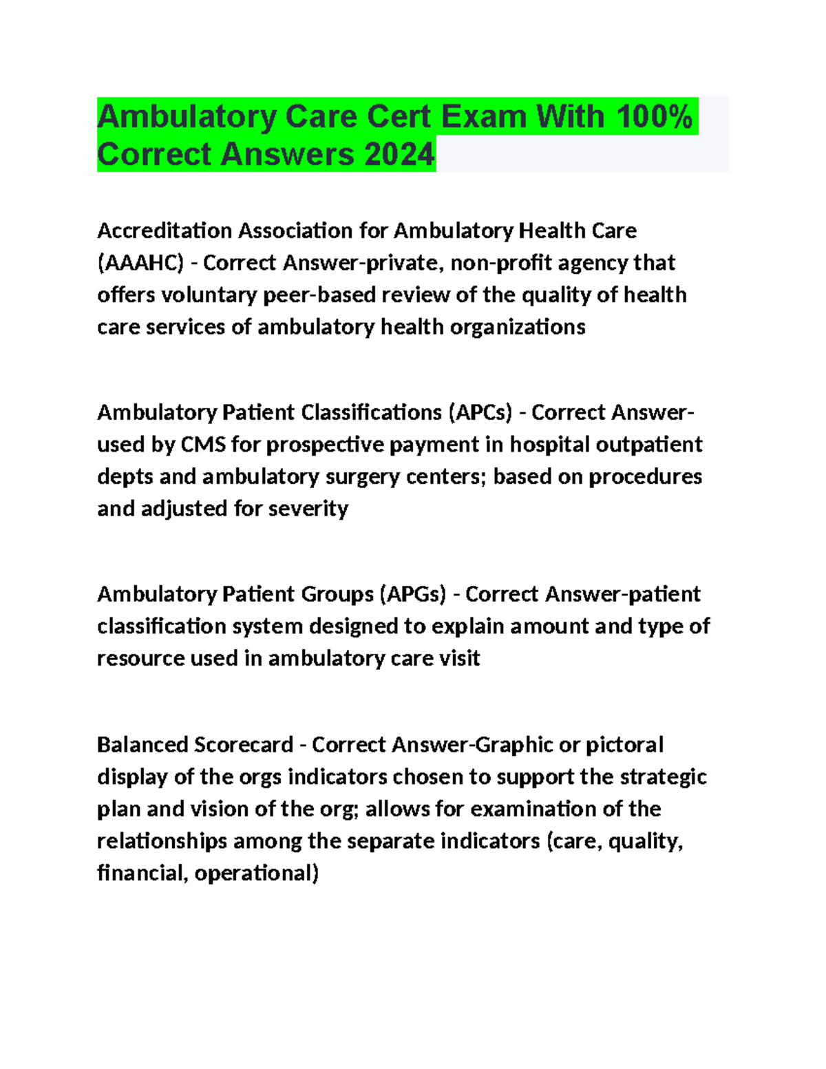 Ambulatory Care Cert Exam - Commercial Indemnity Plans - Correct Answer ...