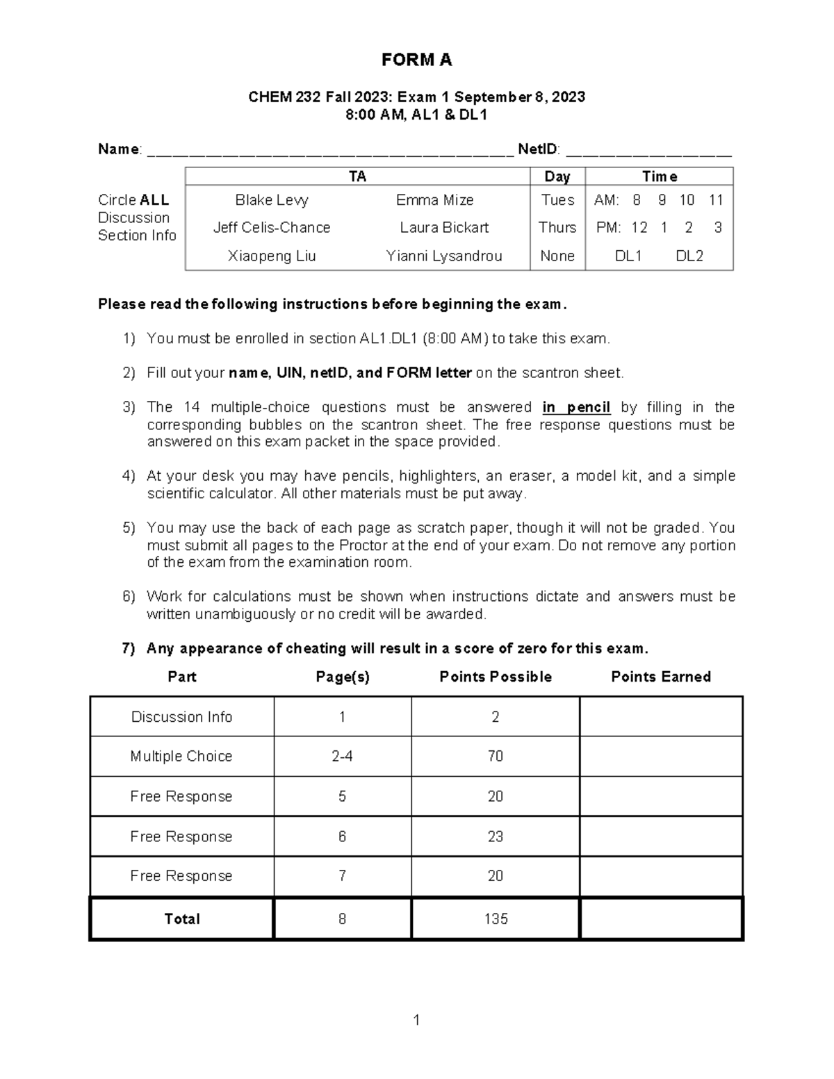 Exam 1 F2023 Form A - Practice Test/ previous exam - FORM A CHEM 232 ...