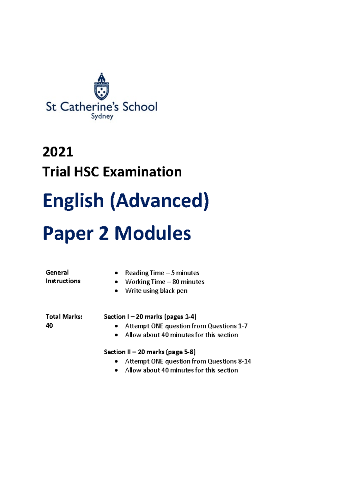 St Catherines 2021 Advanced Paper 2 Trial - 2021 Trial HSC Examination ...