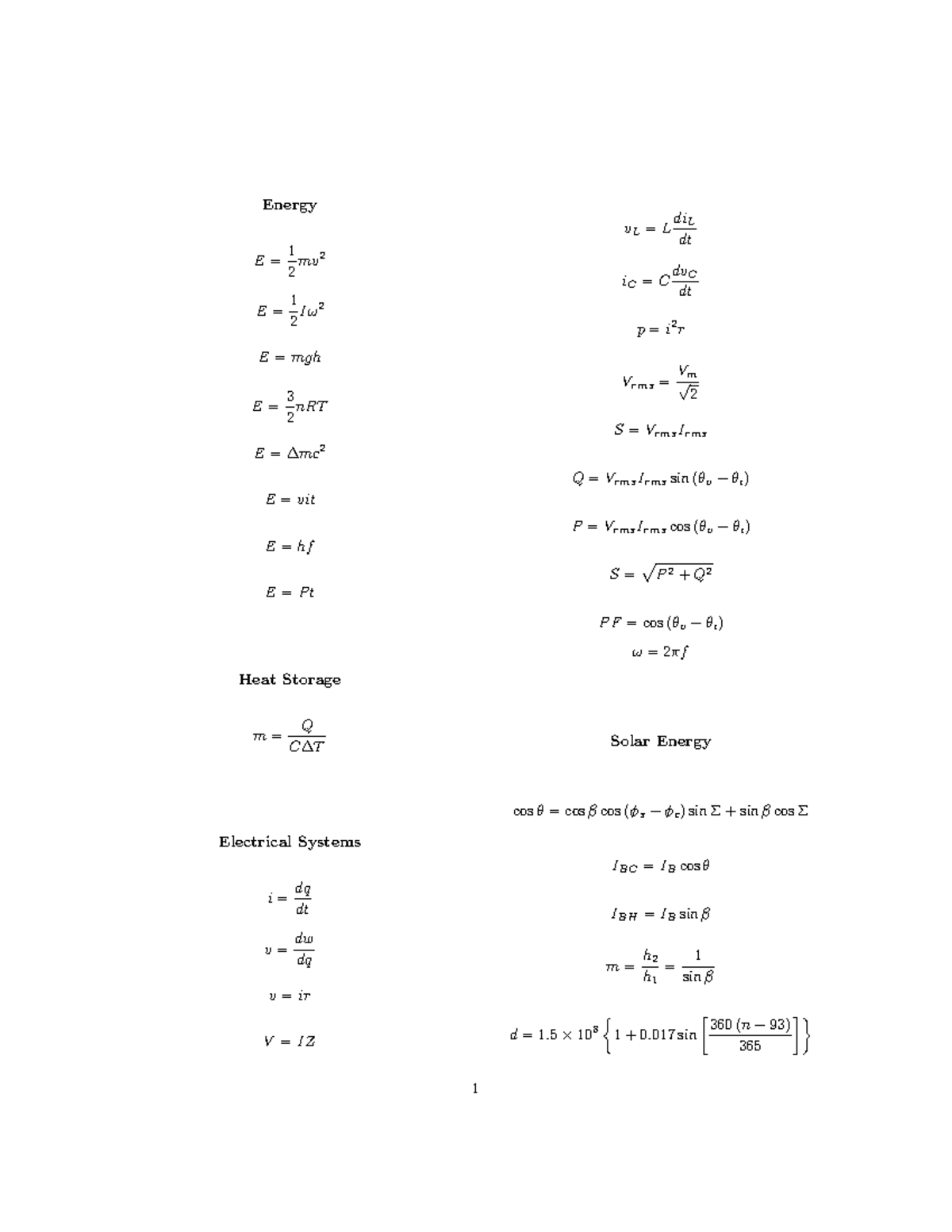 Formula Sheet - Form - Energy E = 1 2 mv 2 E = 1 2 Iω 2 E = mgh E = 3 2 ...