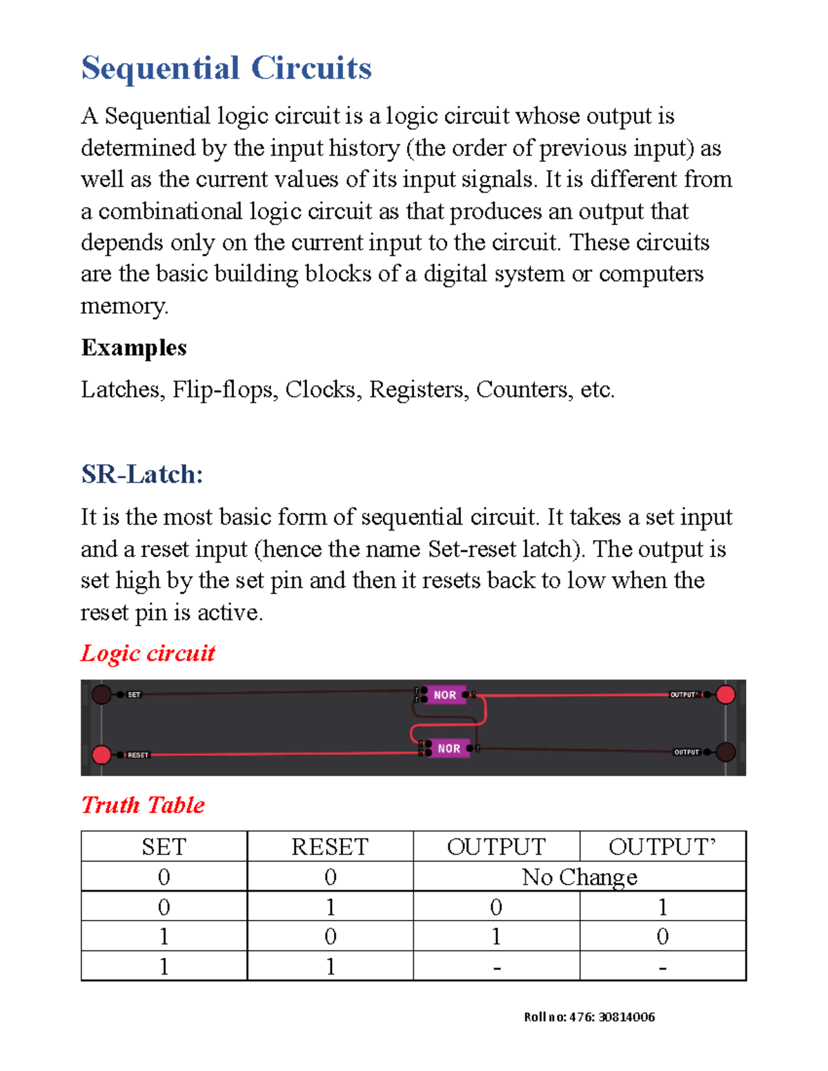 Minor Assignments 476 Digital Electronics Assignment Sequential Circuits A Sequential Logic
