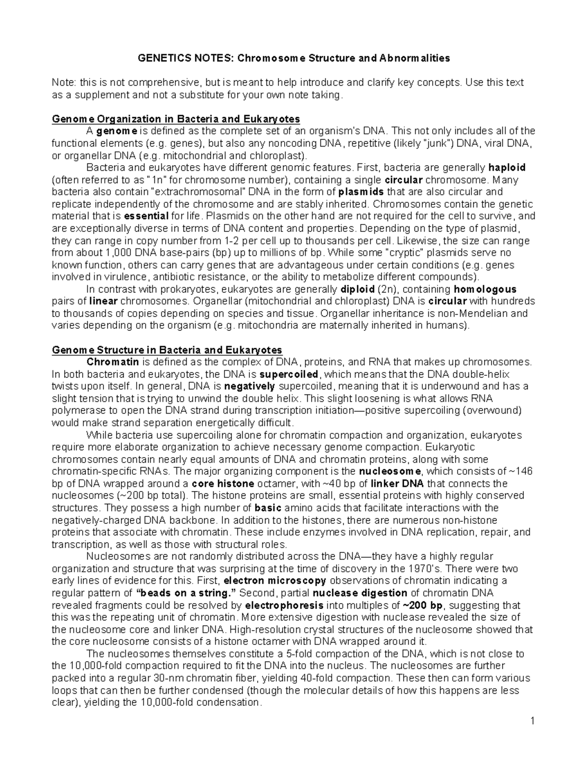 Chromosome Lecture Notes - 1 GENETICS NOTES: Chromosome Structure and ...