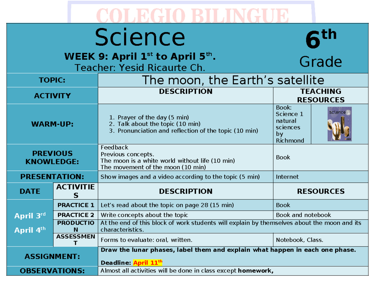 Science sexto - Dyuj hyuub - Science WEEK 9: April 1 st to April 5 th ...