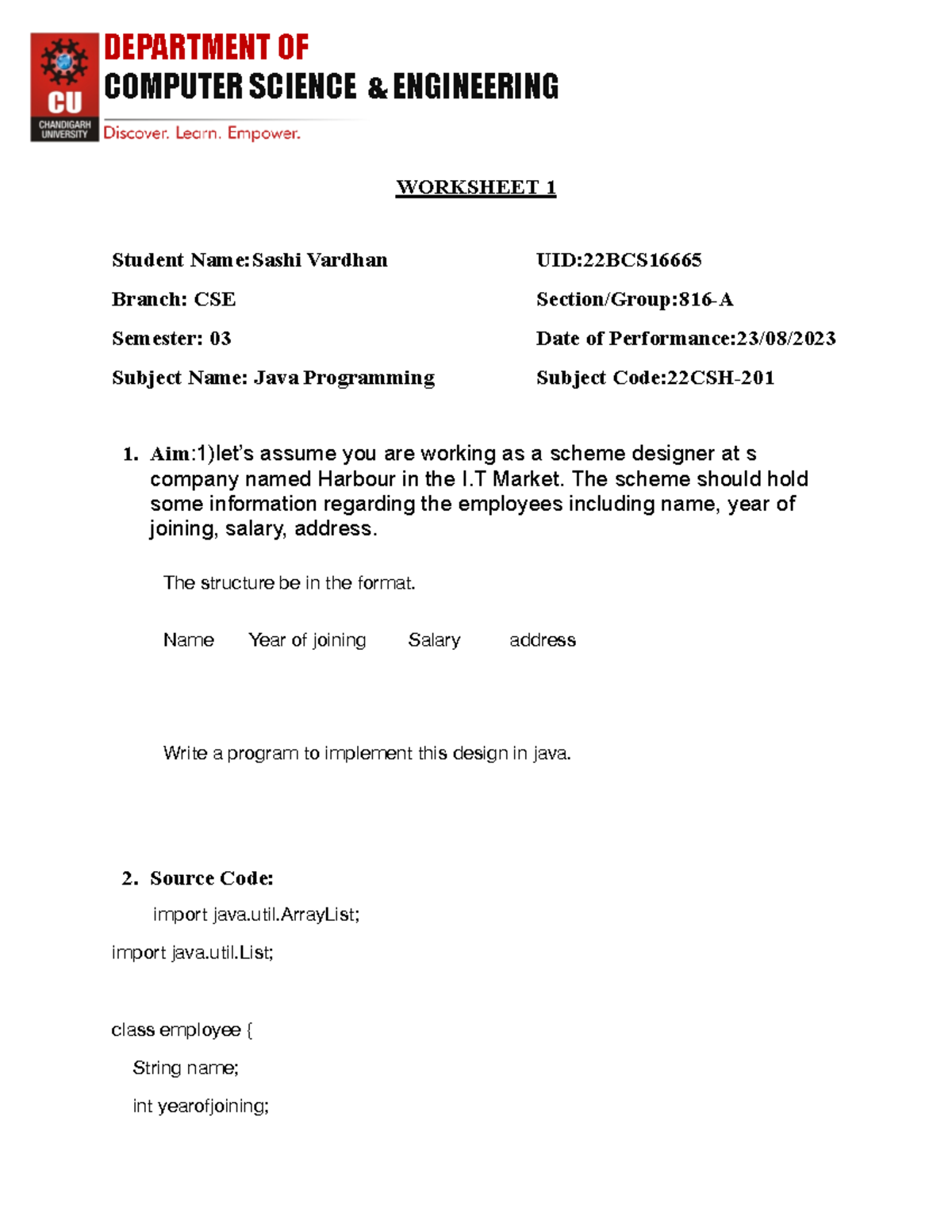 Java-1st Week - COMPUTER SCIENCE & ENGINEERING WORKSHEET 1 Student Name ...