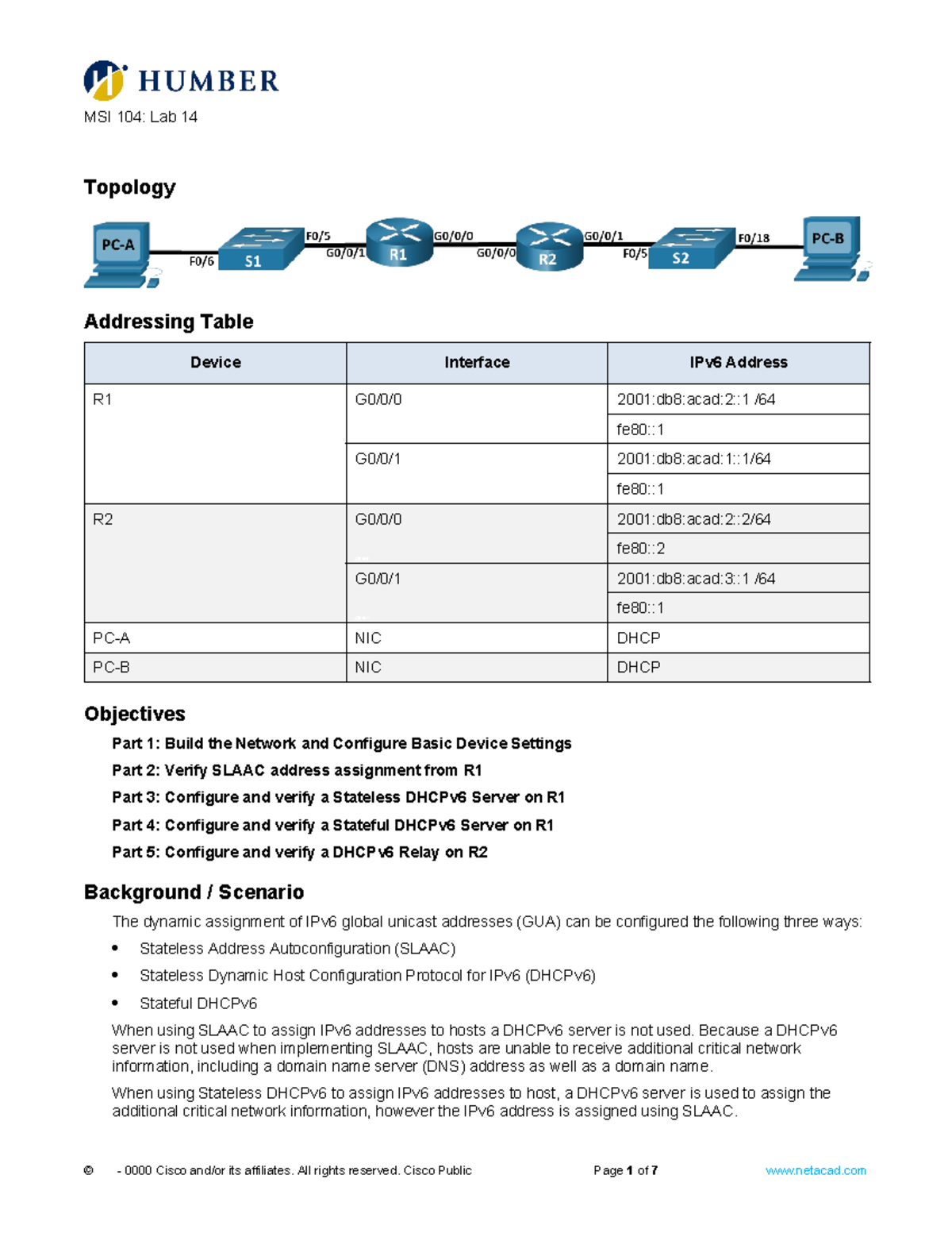 Lab14 - MSI 104: Lab 14 Topology Addressing Table Device Interface IPv6 ...
