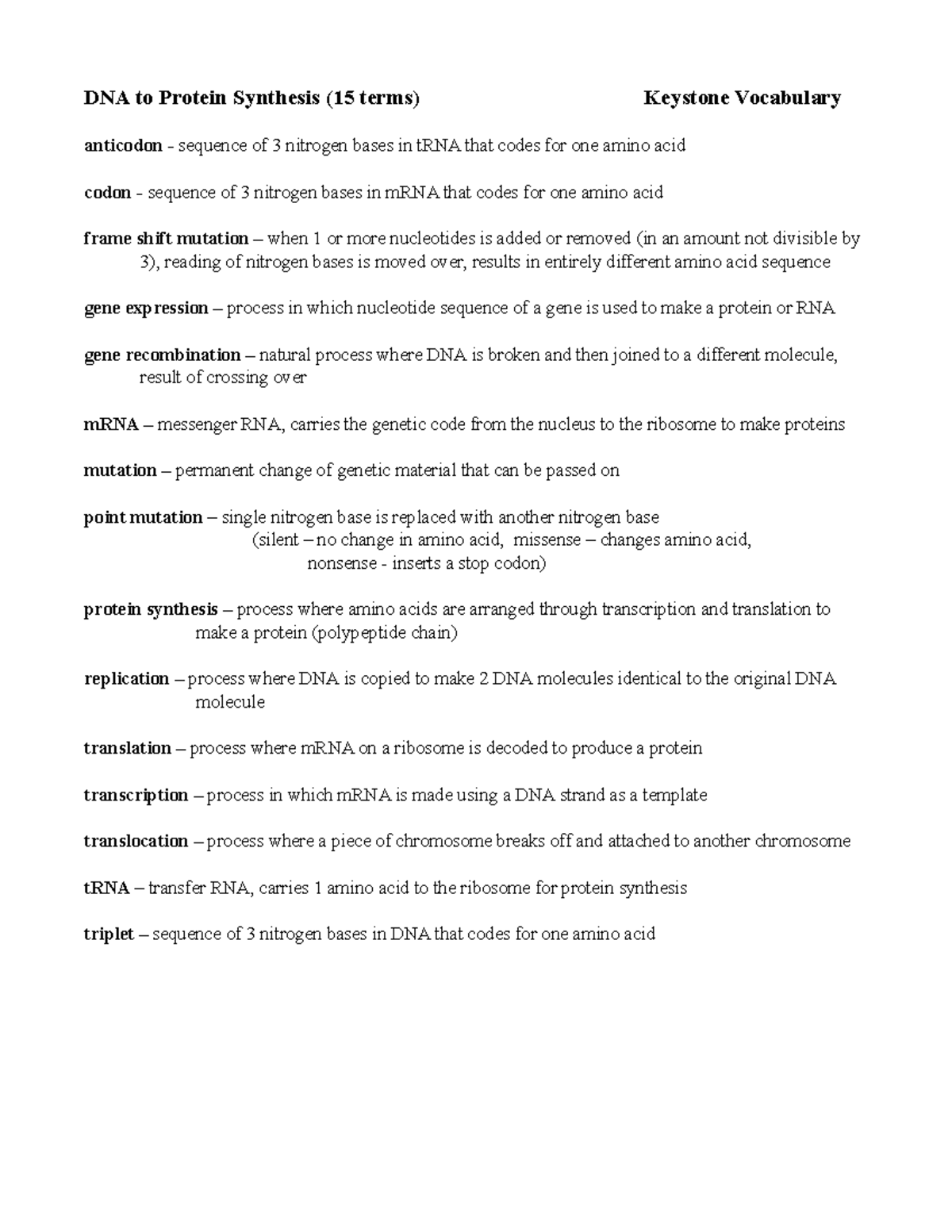 Protein Synthesis Vocabulary at David Reiser blog