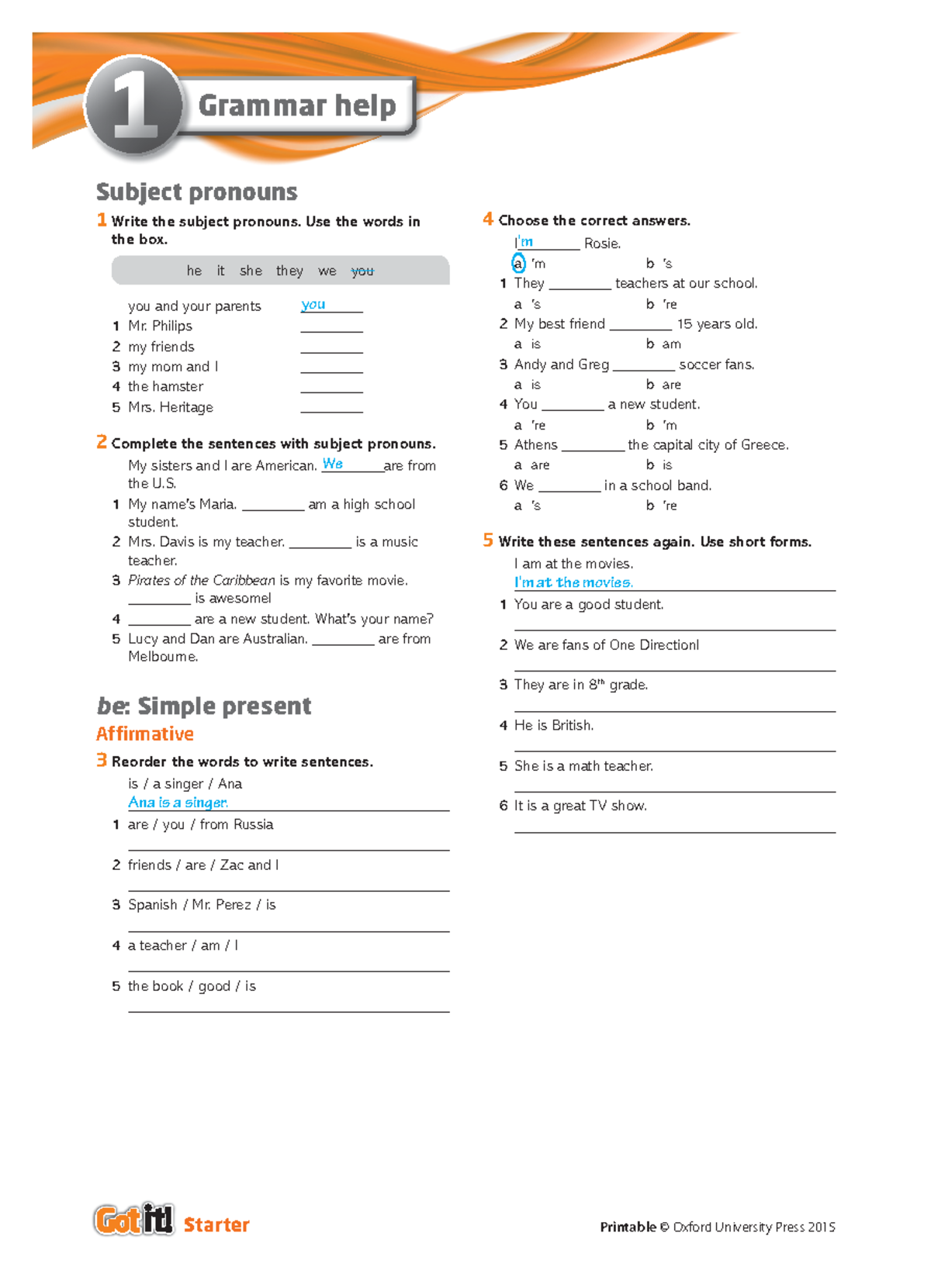 GIS Grammar help Unit 1 - Grammar help 1 Starter Printable © Oxford ...