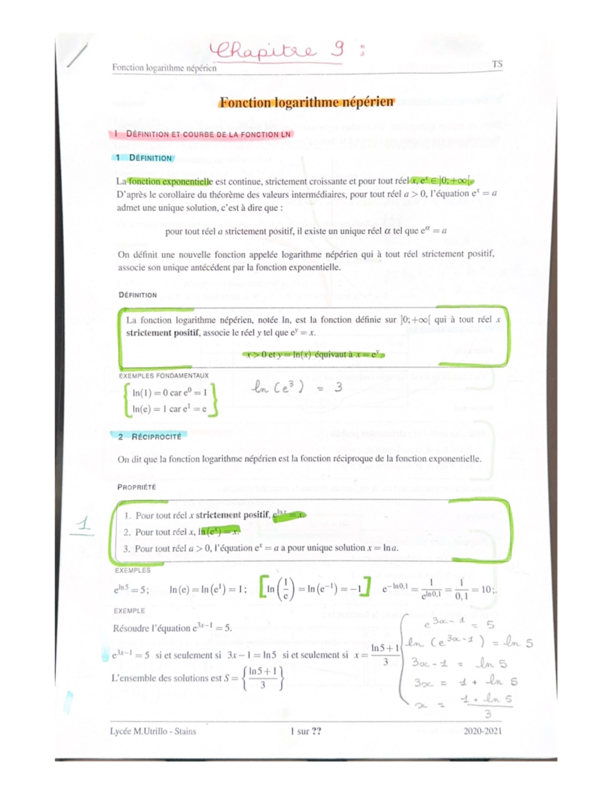 Fonction logarithme népérien - Mathématiques - Studocu