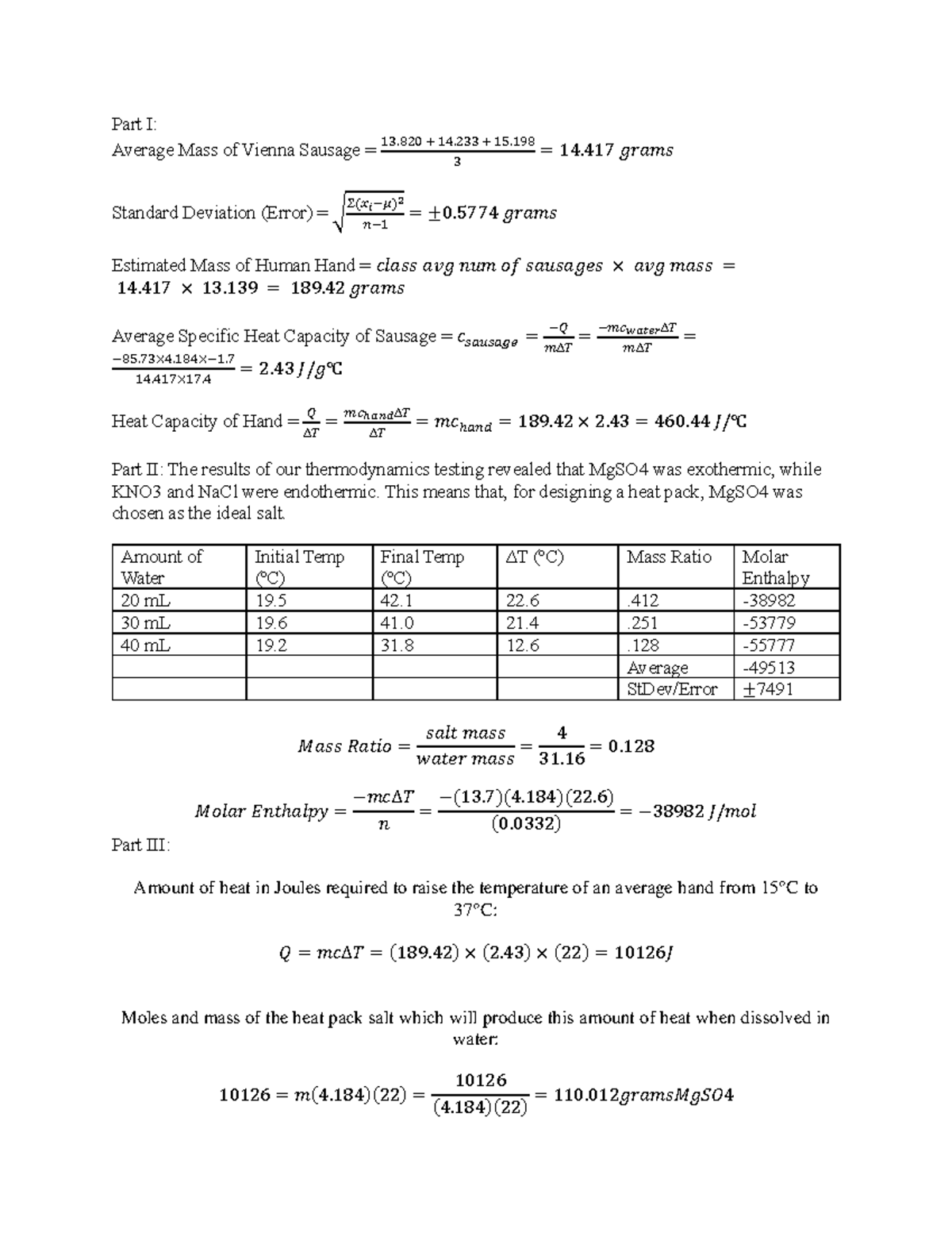 Expt 5 Postlab - Part I: Average Mass of Vienna Sausage = 820 + 14. 233 ...