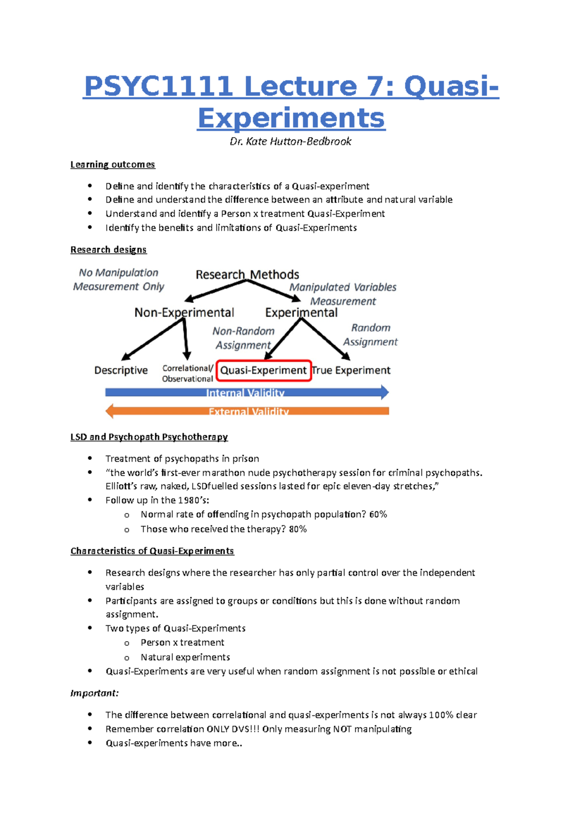 PSYC1111 Week 4 Lecture Notes - PSYC1111 Lecture 7: Quasi- Experiments ...