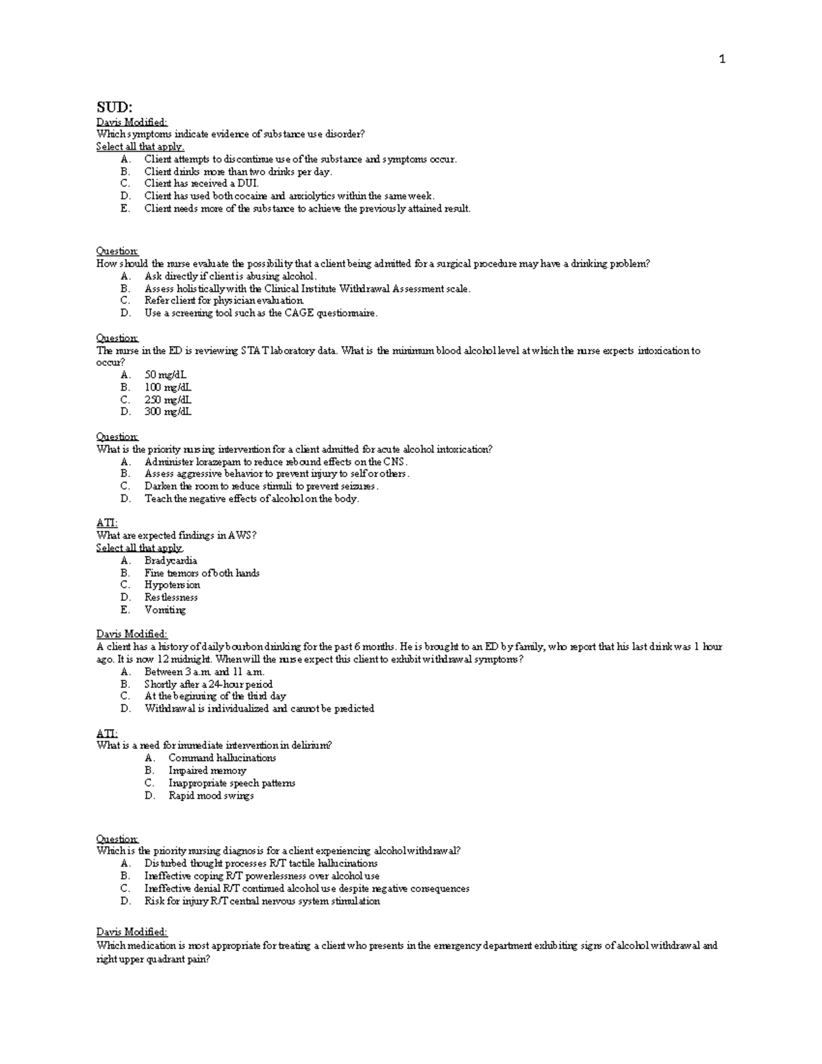 Substance Use Disorder Script with answers - SUD: Davis Modified: Which ...