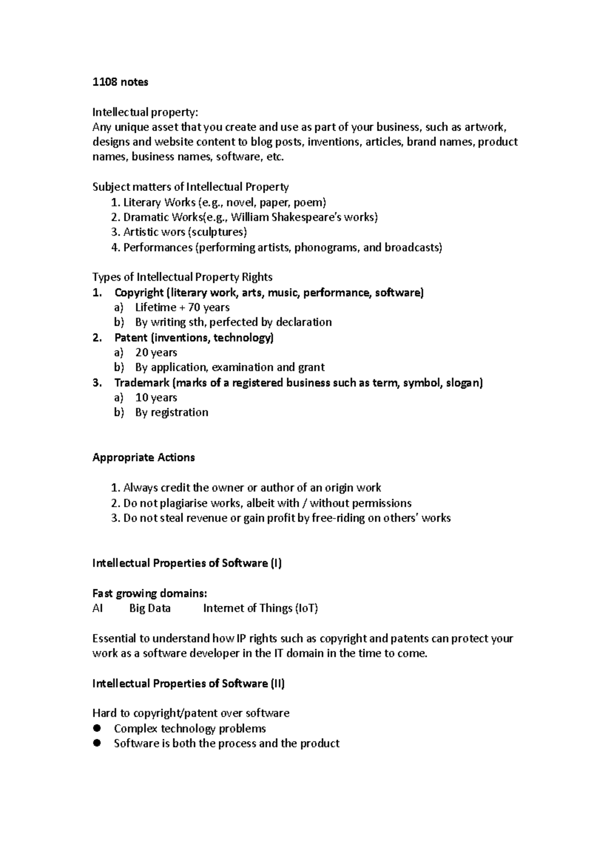 1108 notes - summary of lecture slides - 1108 notes Intellectual ...