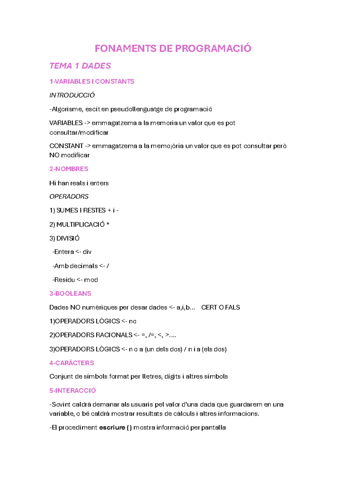 Teoria Programacio - Molt útil - FONAMENTS DE PROGRAMACIÓ TEMA 1 DADES 1 - VARIABLES I CONSTANTS ...
