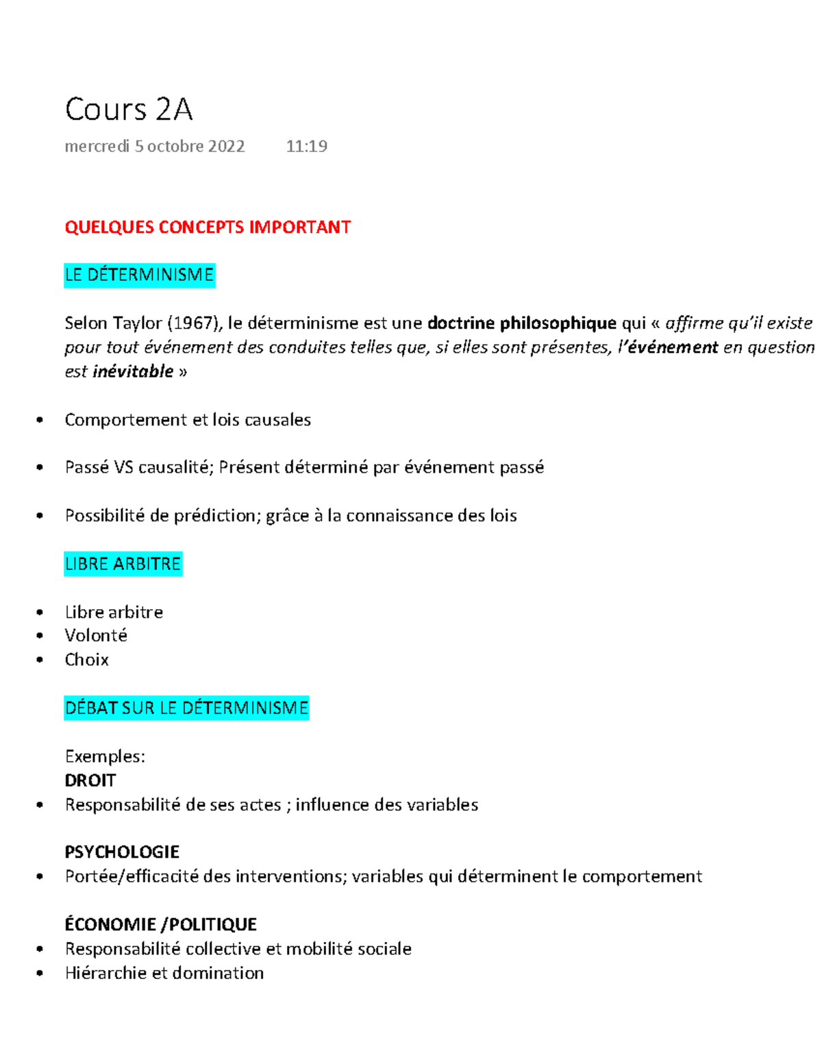 Cours 2A - QUELQUES CONCEPTS IMPORTANT LE DÉTERMINISME Selon Taylor ...