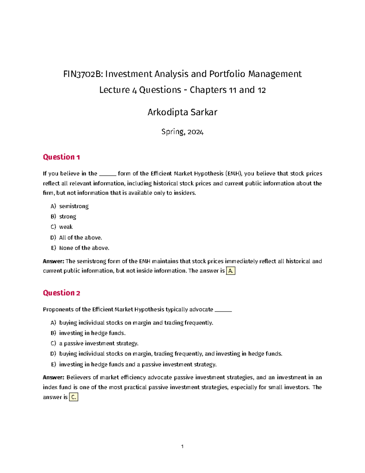 Lecture 4 Questions and Answers - FIN3702B: Investment Analysis and Portfolio Management Lecture ...