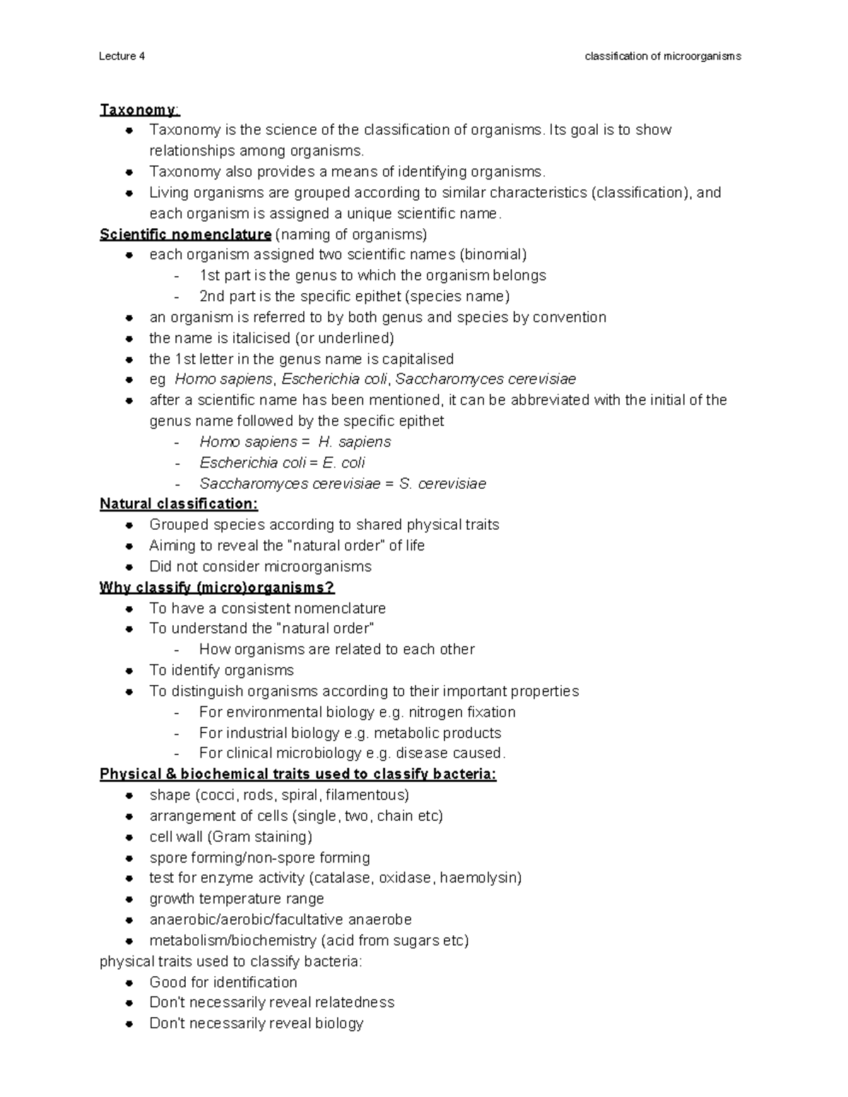 week 2 Lecture 4 notes classification of microorganisms - Lecture 4 ...