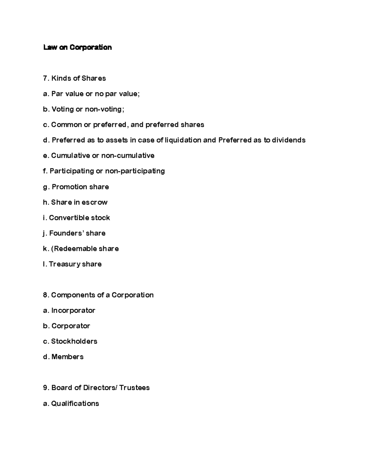 Kinds of Shares - Law on Corporation Kinds of Shares a. Par value or no ...