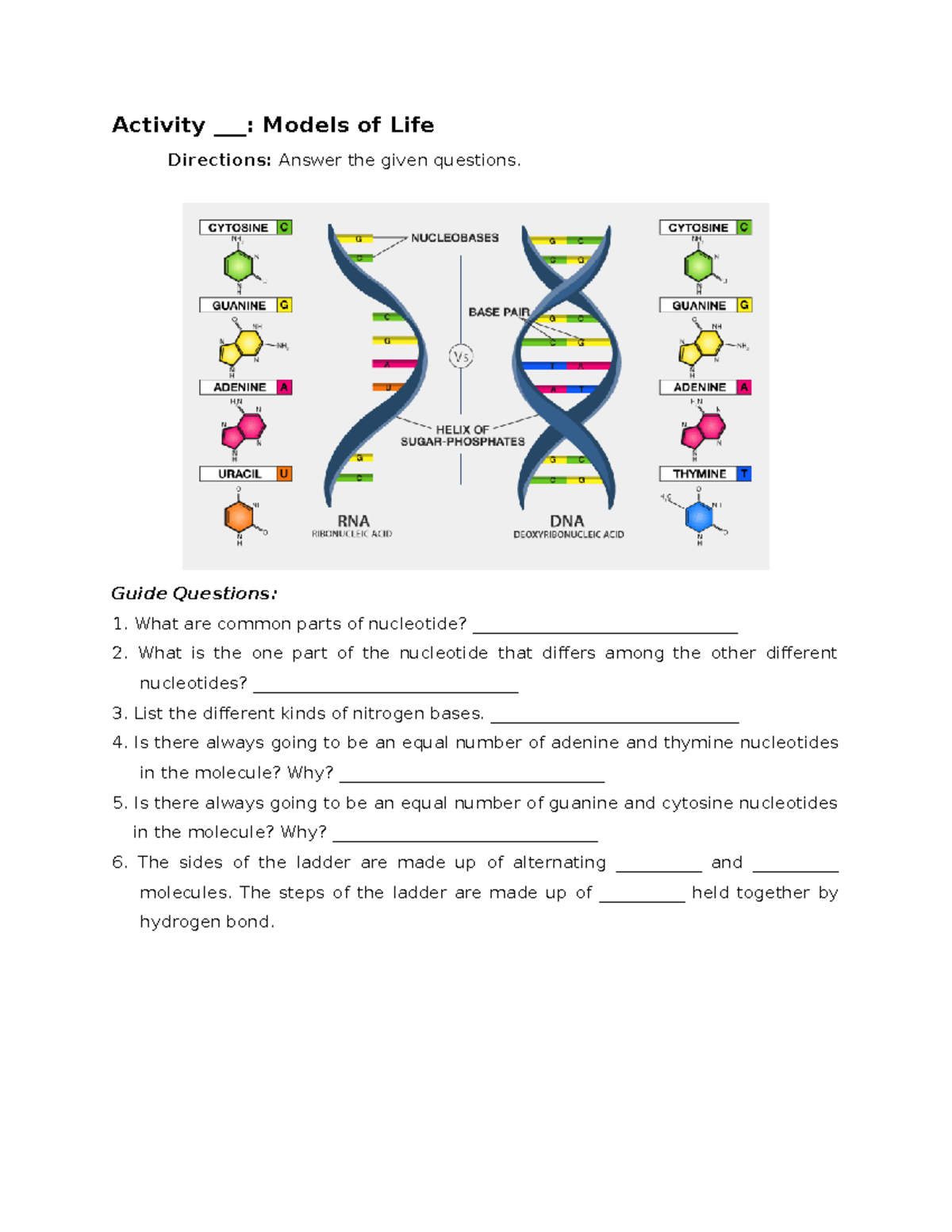 Activit IES - Jsjs - Activity ___: Models of Life Directions: Answer ...