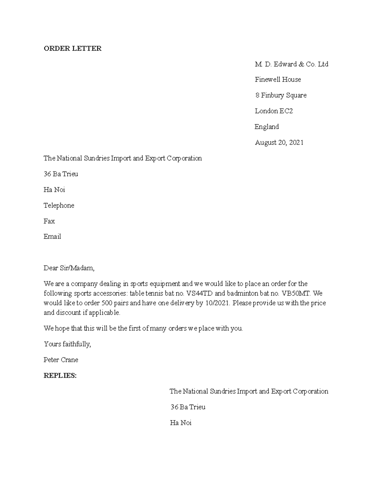 AW-order letter - vdvsdv - ORDER LETTER M. D. Edward & Co. Ltd Finewell ...