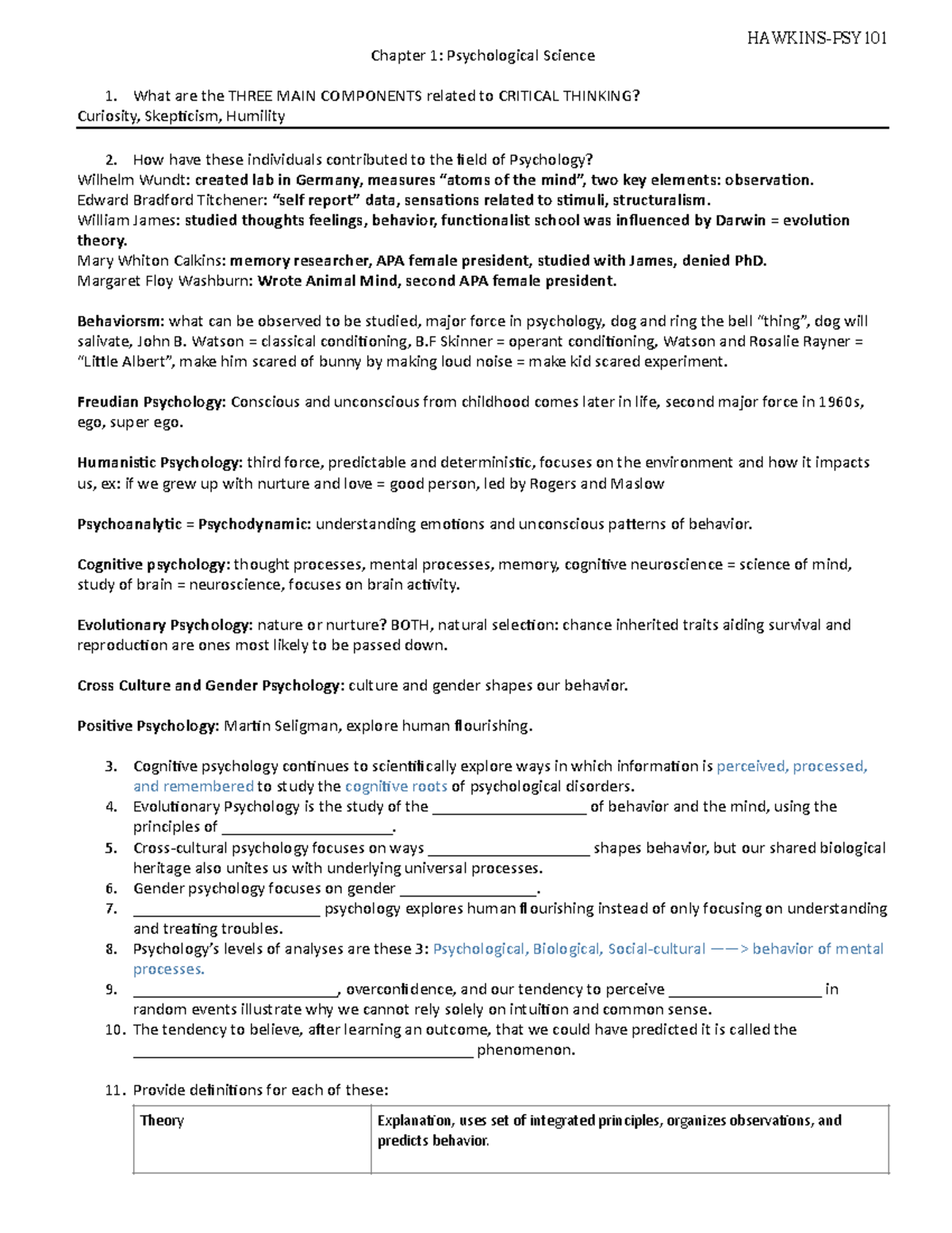 PSY101 Ch 1 Worksheet 3 - Notes - HAWKINS-PSY Chapter 1: Psychological ...