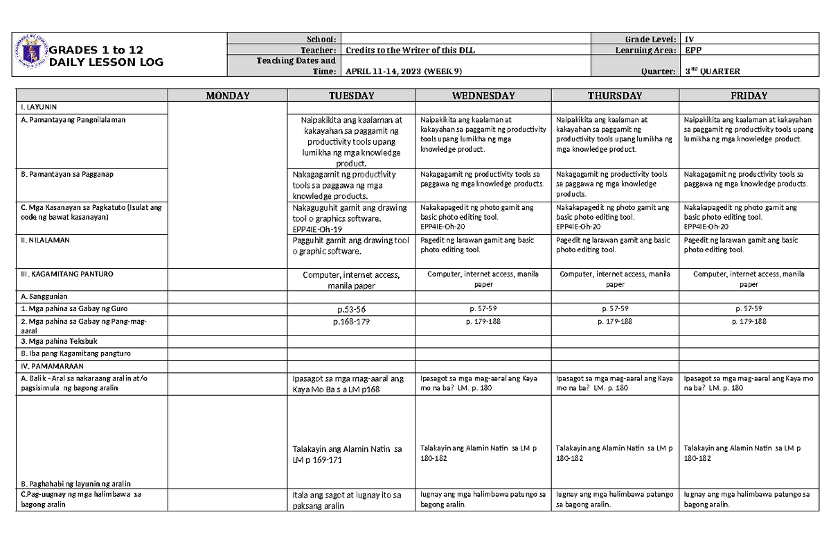 DLL EPP 4 Q3 W9 - GRADES 1 to 12 DAILY LESSON LOG School: Grade Level ...