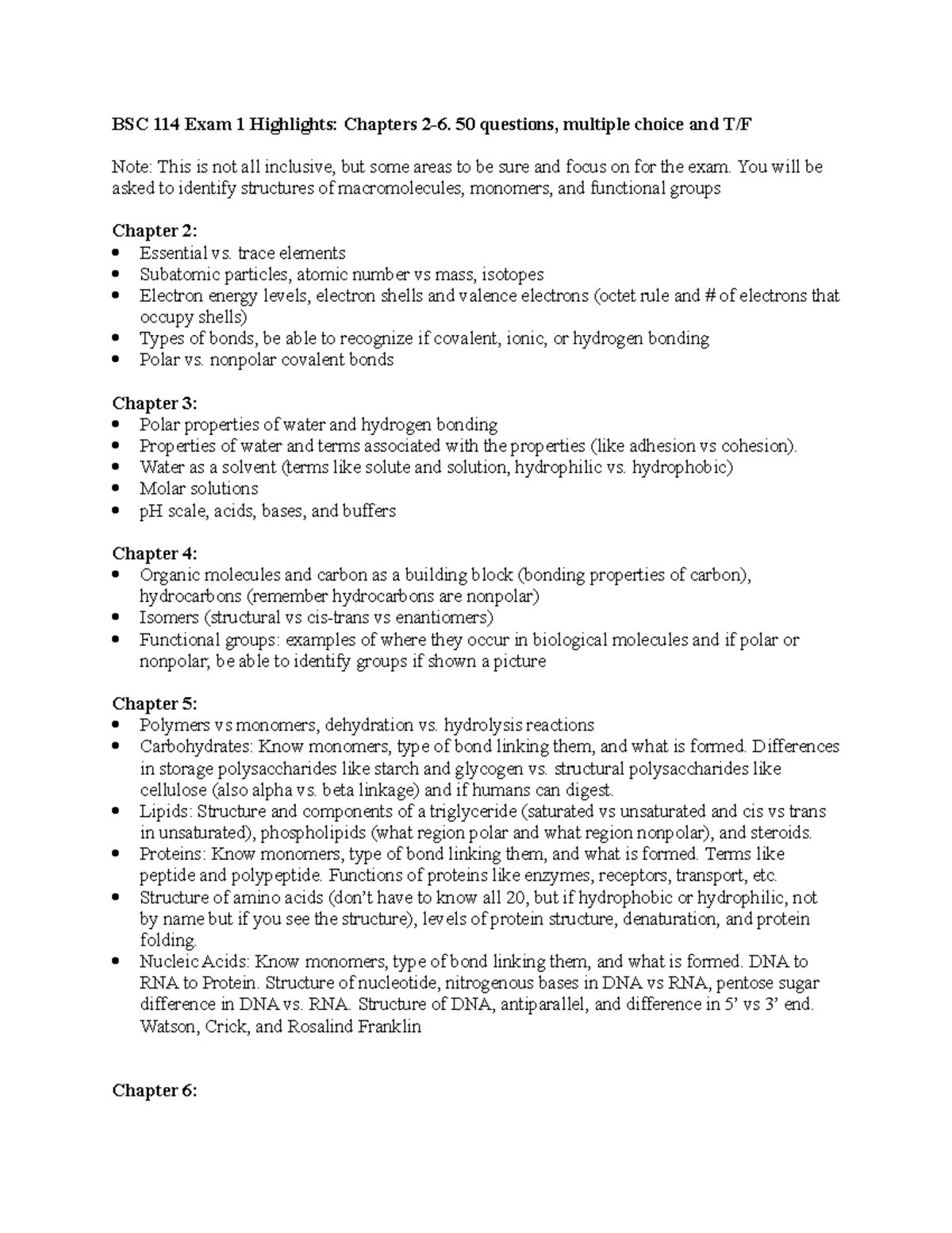 BSC 114 Exam 1 Highlights Fa22 - BSC 114 Exam 1 Highlights: Chapters 2 ...
