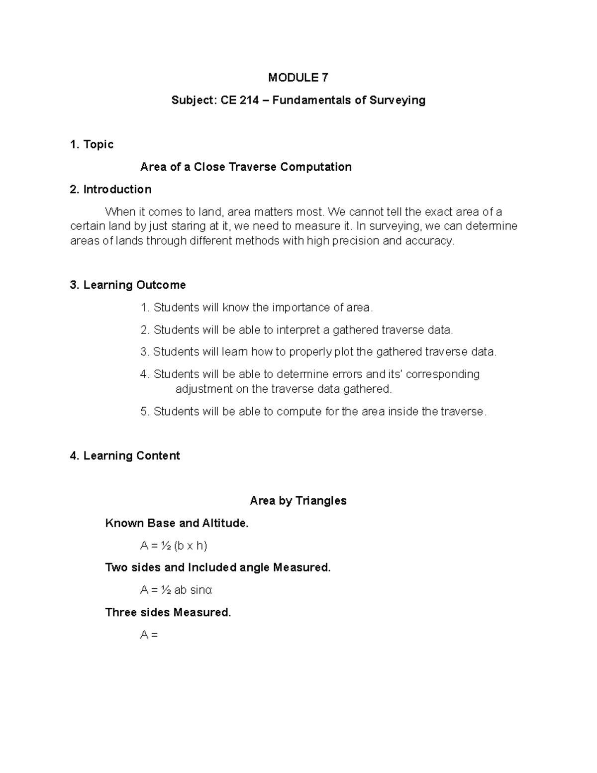 Module-7-CE-214-Fundamentals-of-Surveying-Copy - MODULE 7 Subject: CE ...