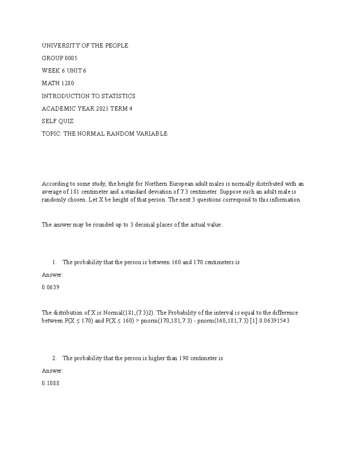 Self Quiz Unit 6 Stats Self Quiz Unit 6 University Of The People Group 0005 Week 6 Unit 6