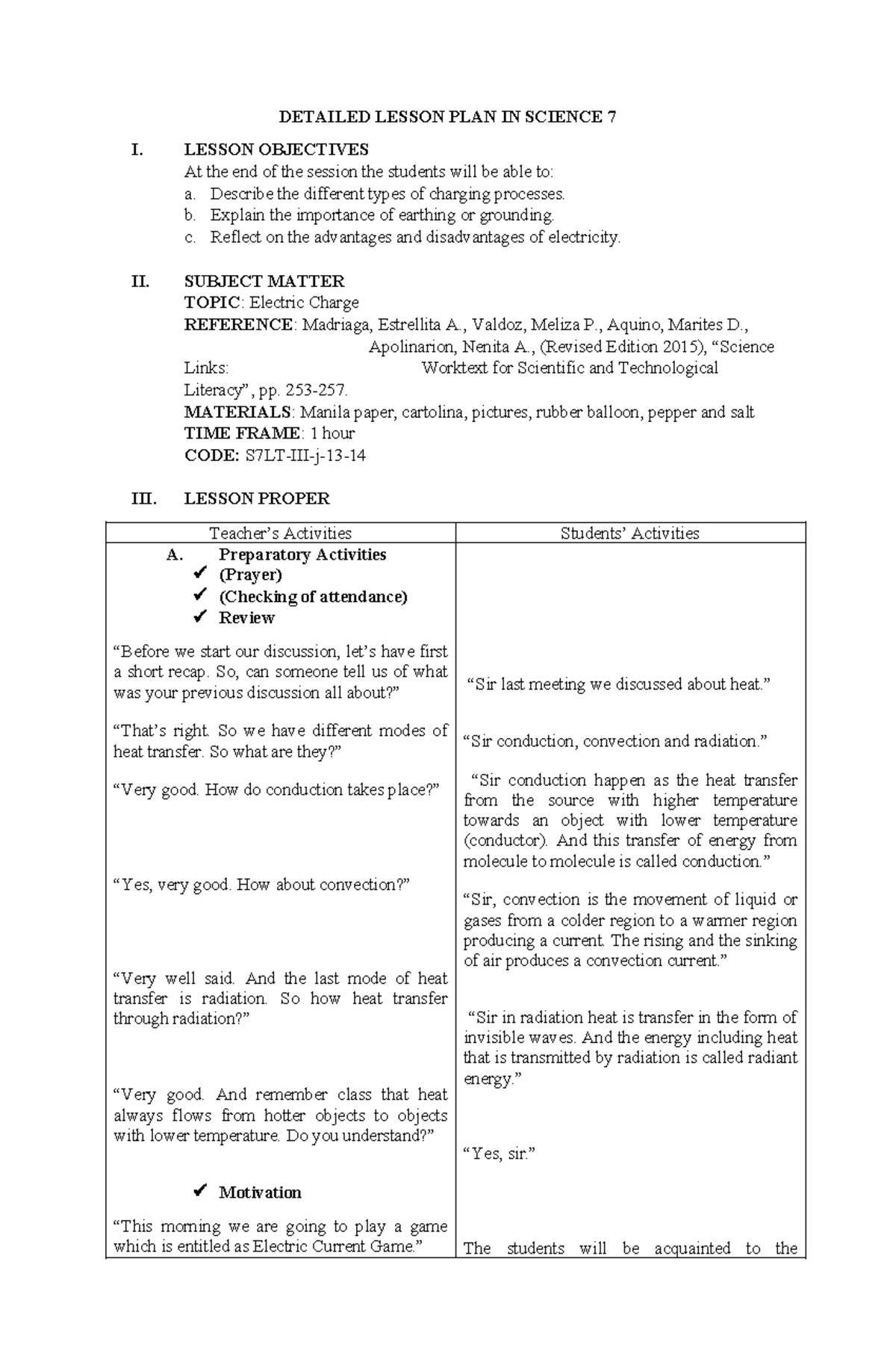 Lesson plan- G7 - DETAILED LESSON PLAN IN SCIENCE 7 I. LESSON ...