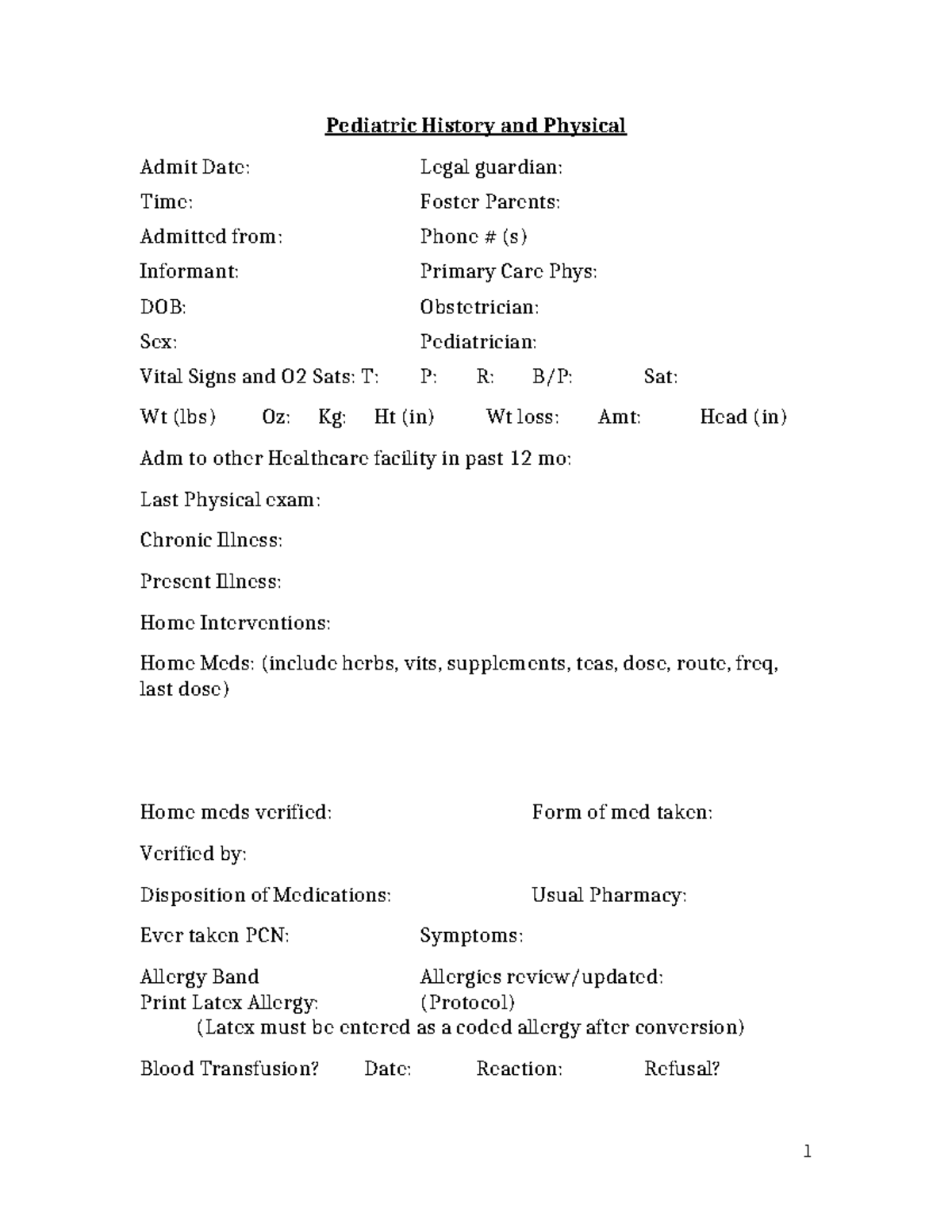 Pediatric H&P, assessment form4 - Pediatric History and Physical Admit ...