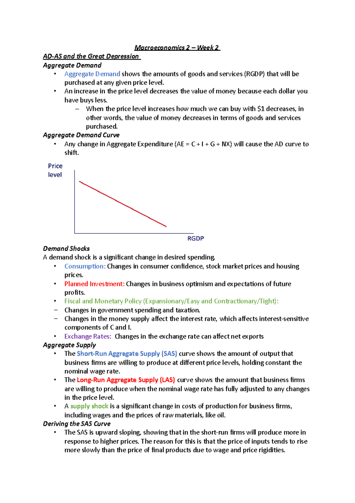 Macroeconomics 2 Notes - Week 2 - Macroeconomics 2 – Week 2 AD-AS and ...