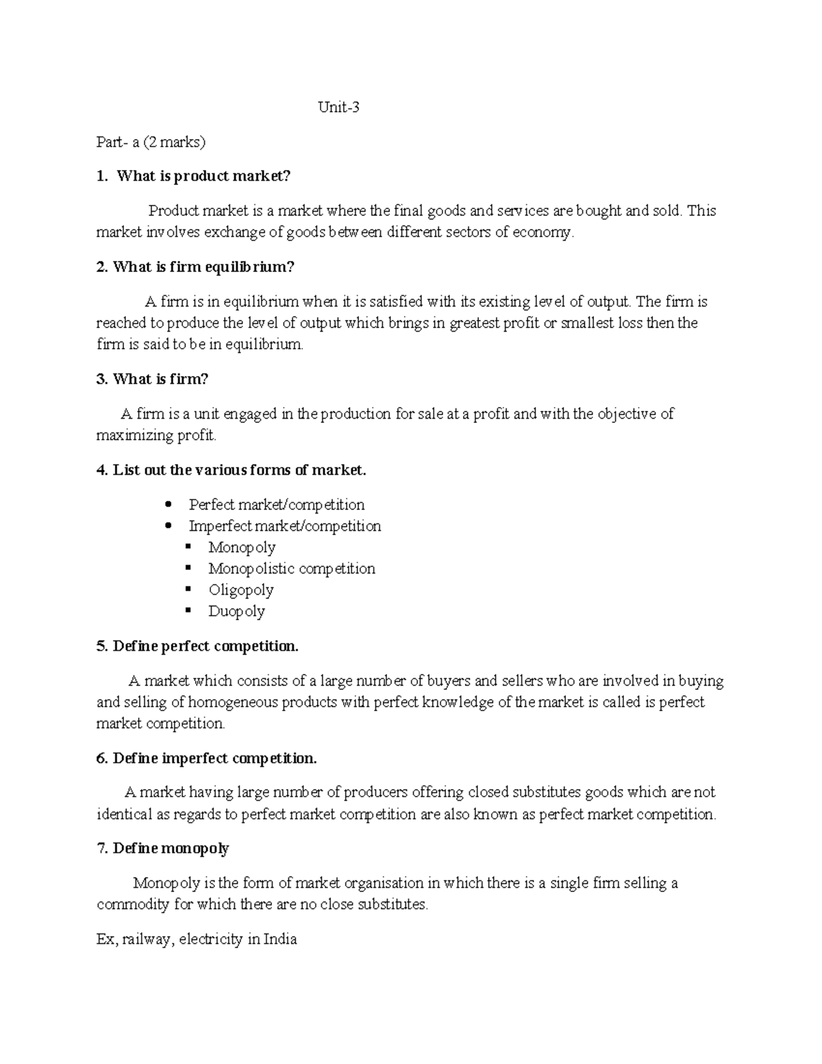ME UNIT-3 - Unit- Part- a (2 marks) What is product market? Product ...
