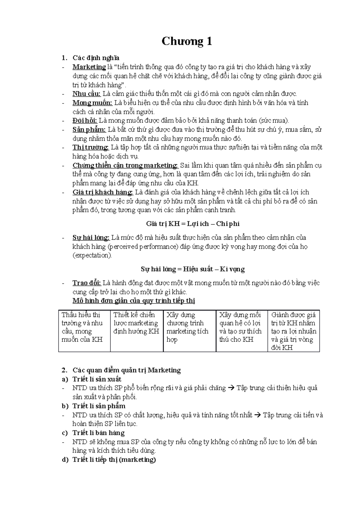 Chương 1 - QTH C1 - Chương 1 Các định nghĩa Marketing là “tiến trình thông qua đó công ty tạo ra ...