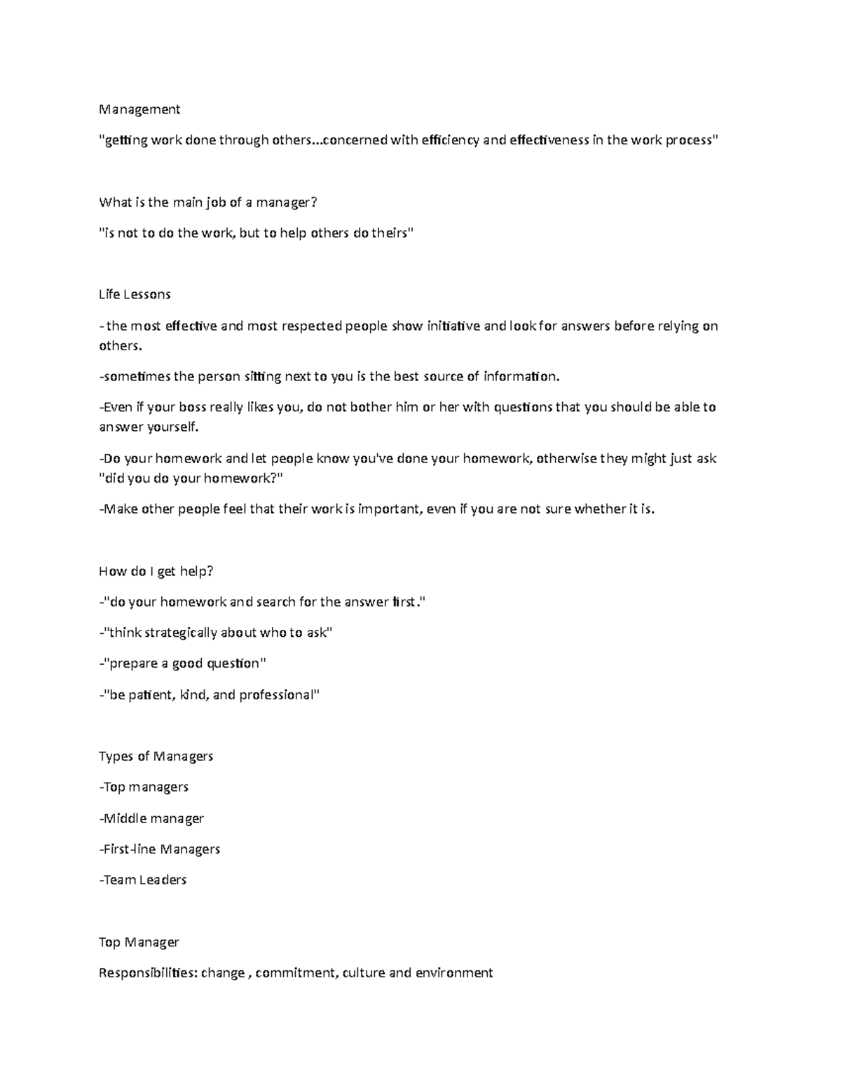 Intro to management - Management "getting work done through others ...