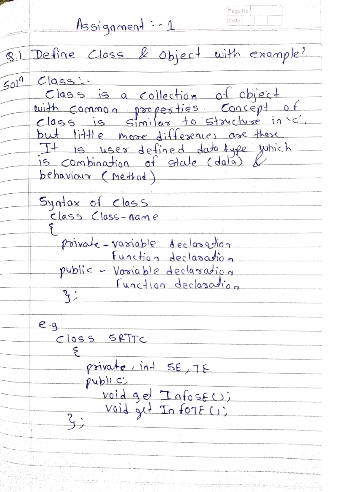 Oop Assignment Page No Assignment 1 Date Q Define Class Object With Example 5019 Class