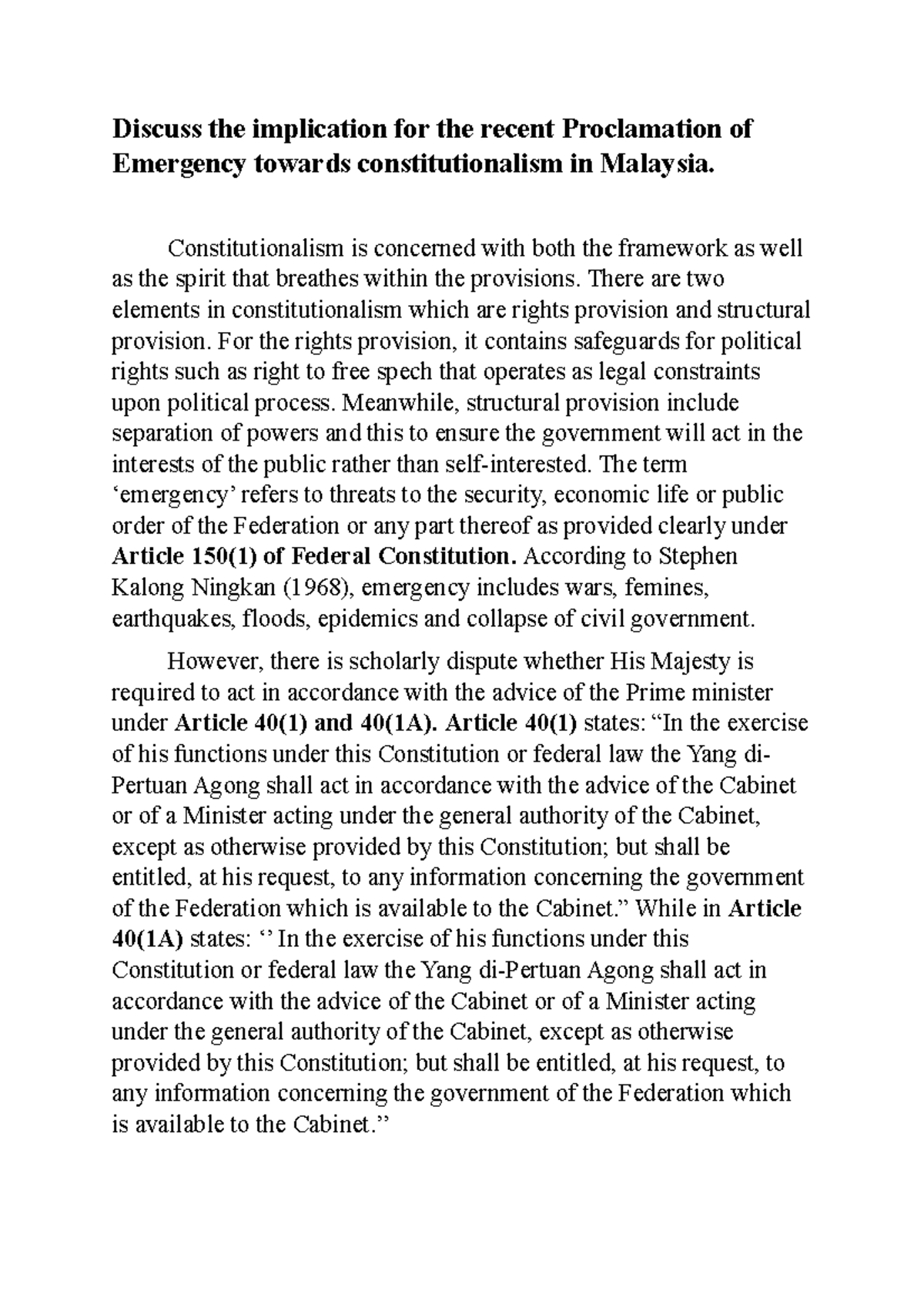 LAW 437- Constitutionalism - Discuss the implication for the recent ...