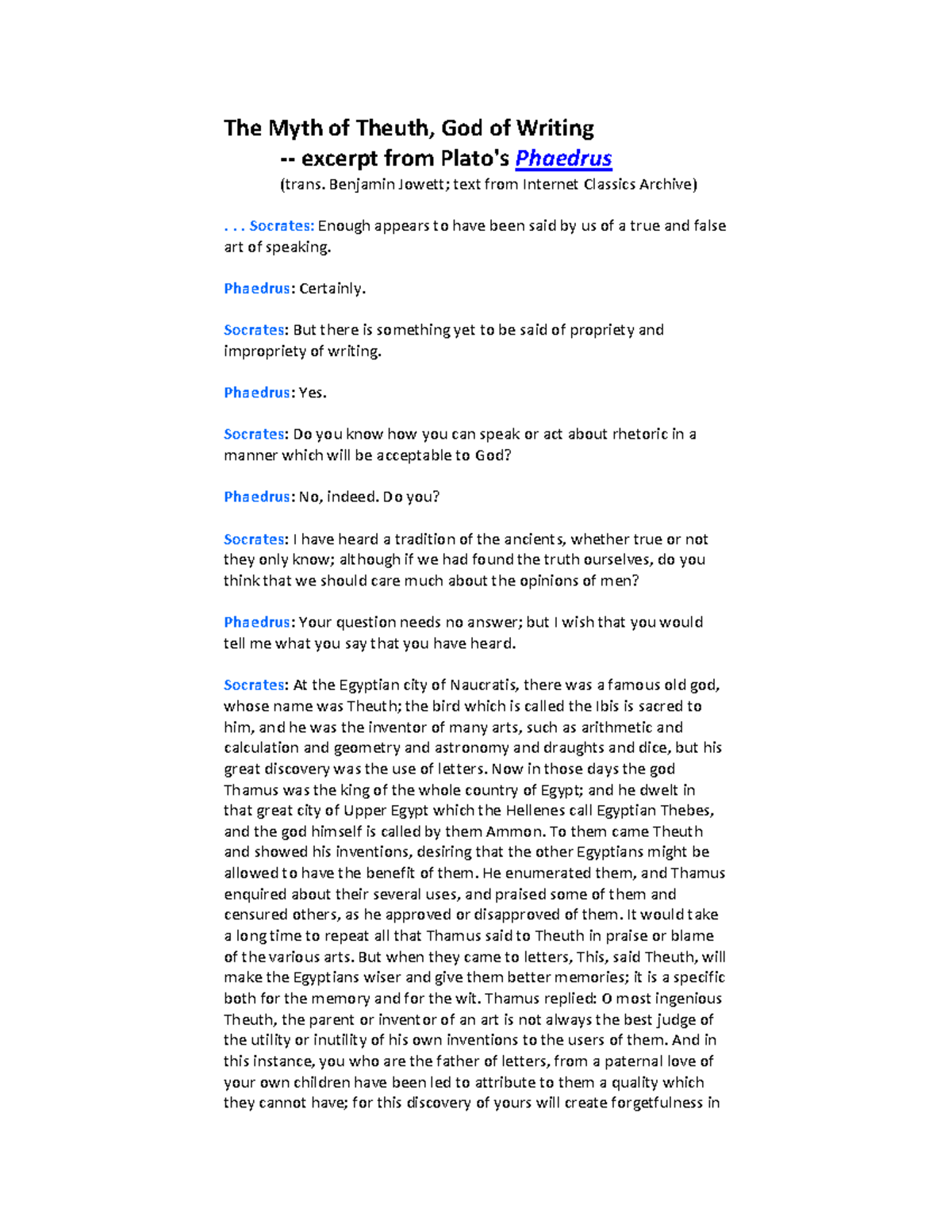 Plato, Myth of Theuth - sociology book - The Myth of Theuth, God of ...