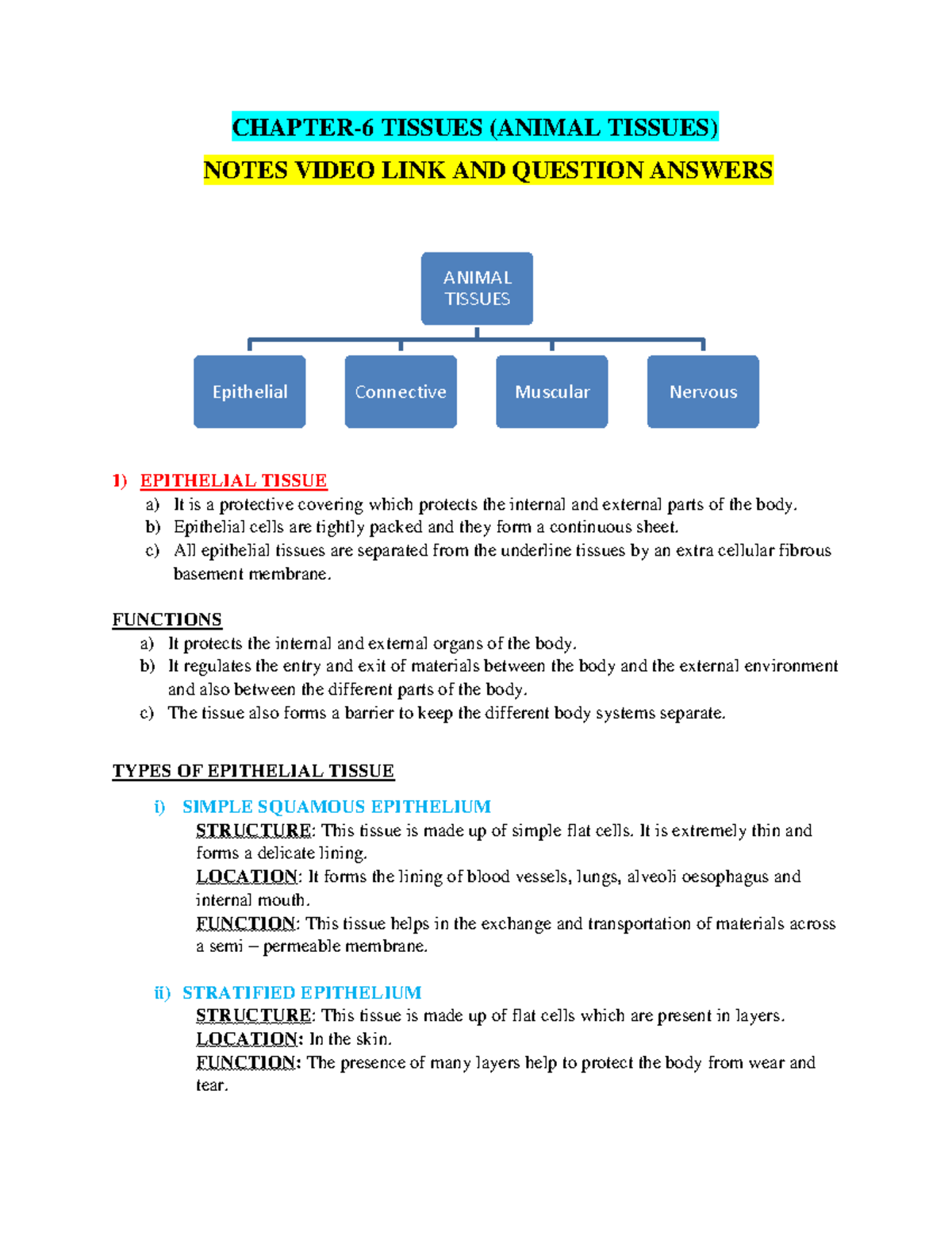 9 Biology- Tissues (Animal Tissues)- Notes & Video Link - CHAPTER-6 ...