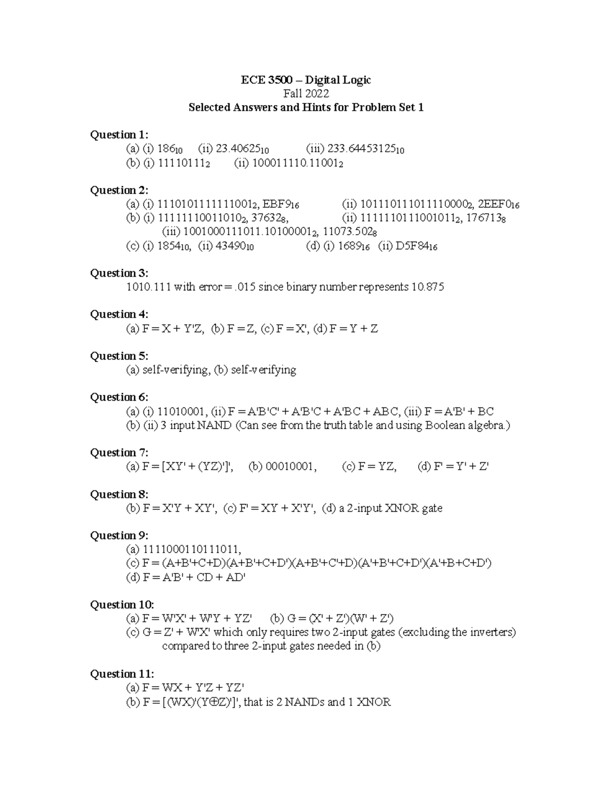 Problem Set 1 Answers 2022 - ECE 3500 – Digital Logic Fall 2022 ...