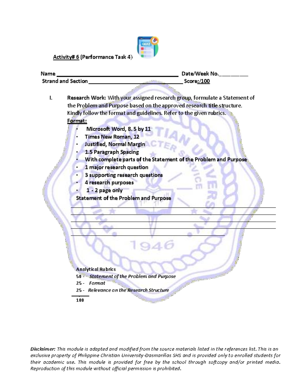 PR2-1STQ- Activity-WEEK 4 - Disclaimer: This module is adapted and ...