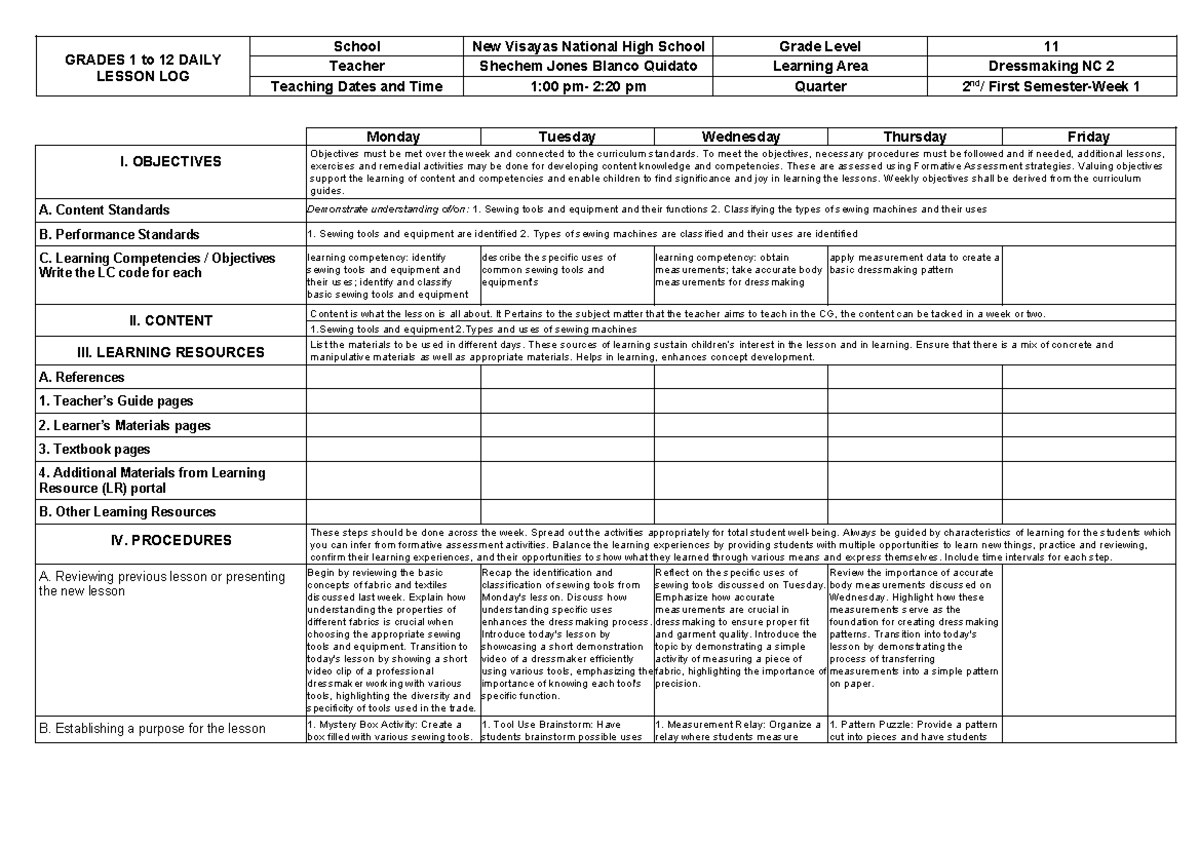 Daily lesson log - DLL - GRADES 1 to 12 DAILY LESSON LOG School New ...