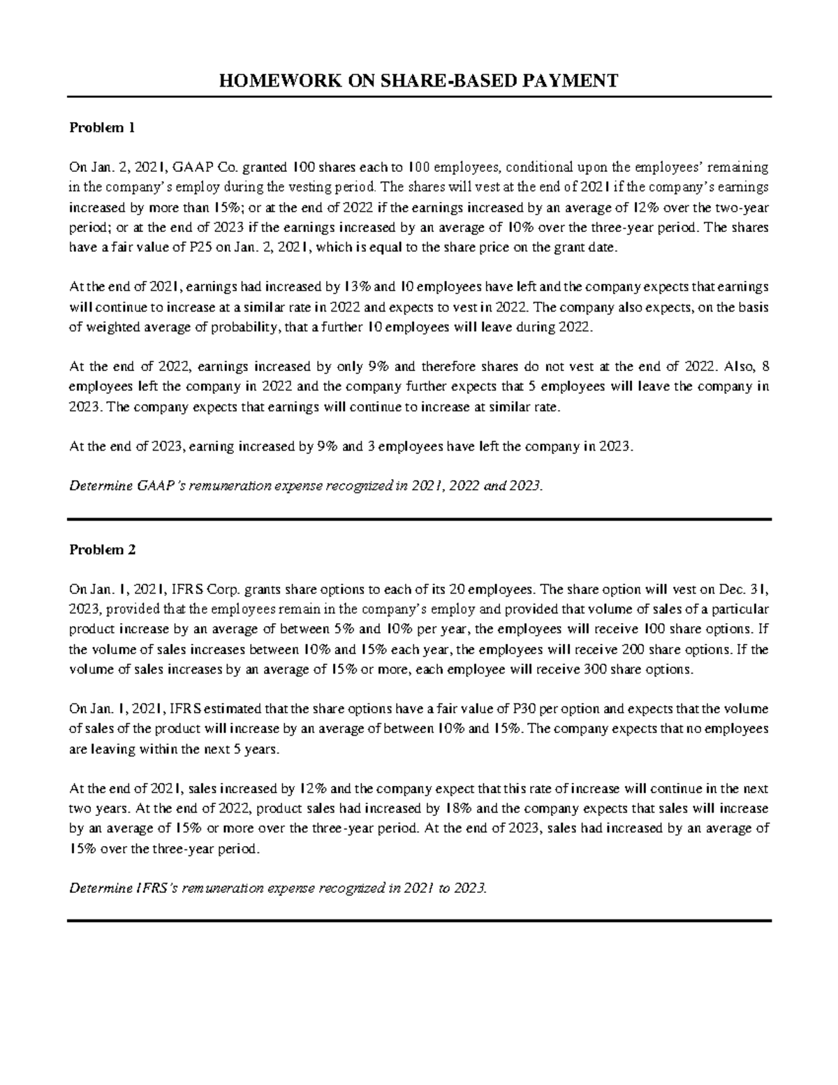 HW on Share-based Payments T1 - HOMEWORK ON SHARE-BASED PAYMENT Problem ...