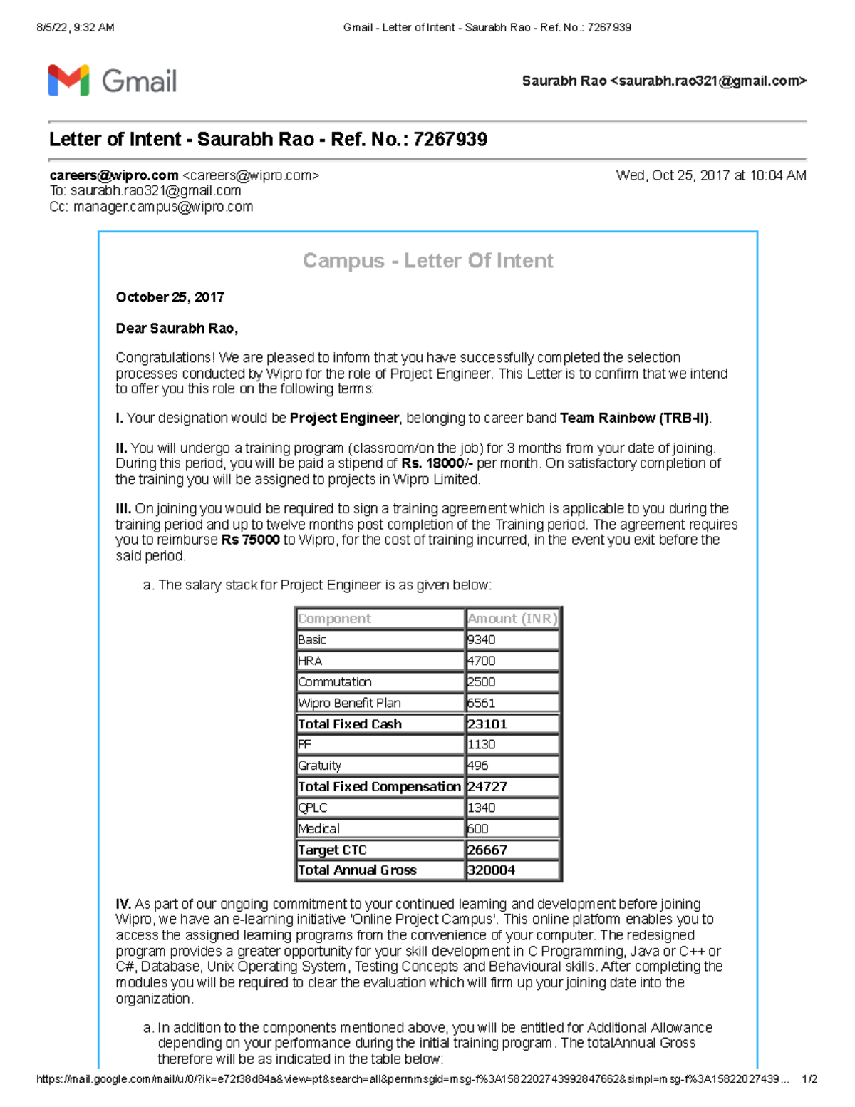 Wipro sample - nothing - 8/5/22, 9:32 AM Gmail - Letter of Intent ...
