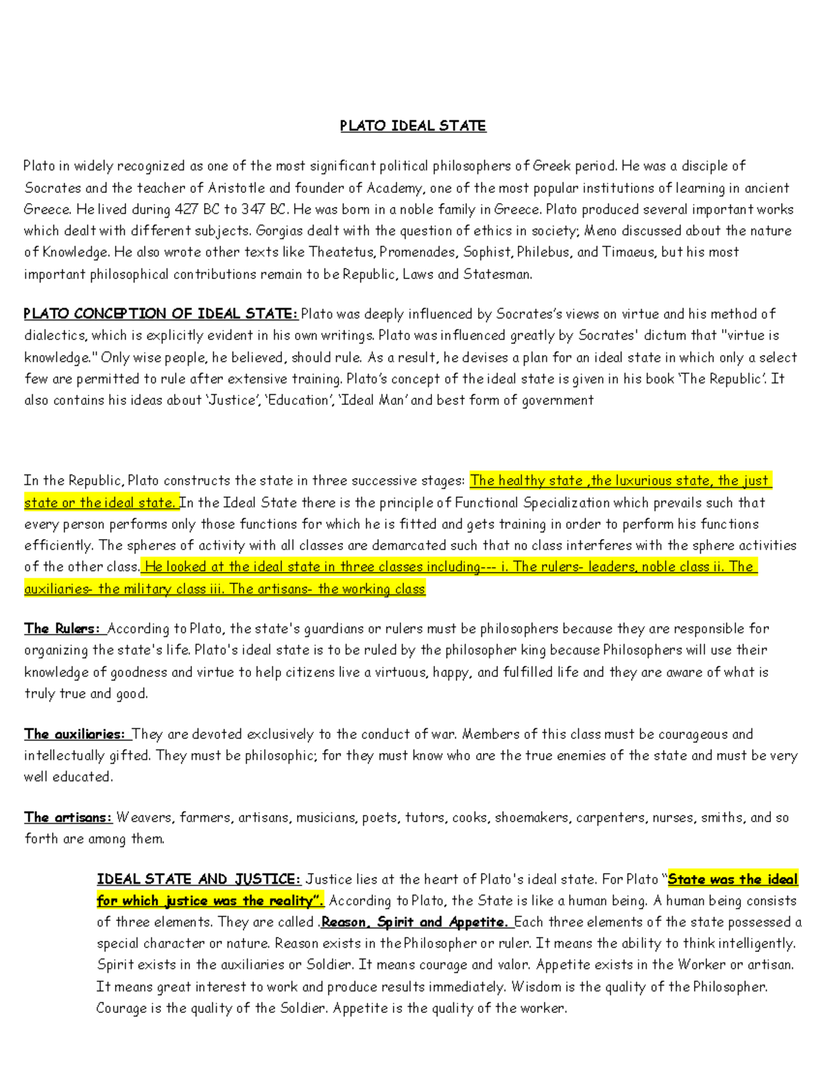 Plato Ideal State - This document is attached with reference to questions asked by students ...