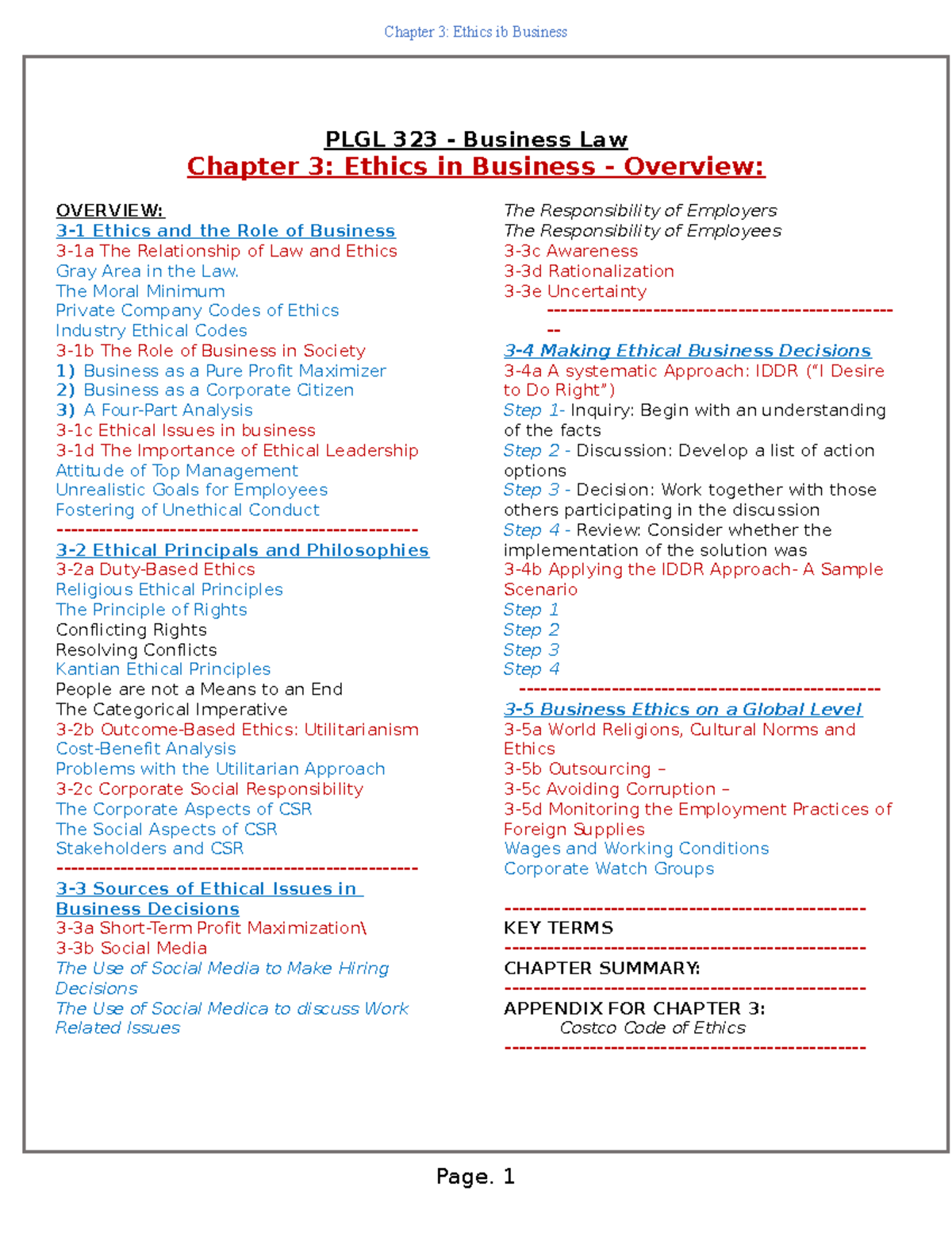 PLGL 323 - Business Law - Chapter 03 - Ethics for Business - PLGL 323 - Business Law Chapter 3 ...