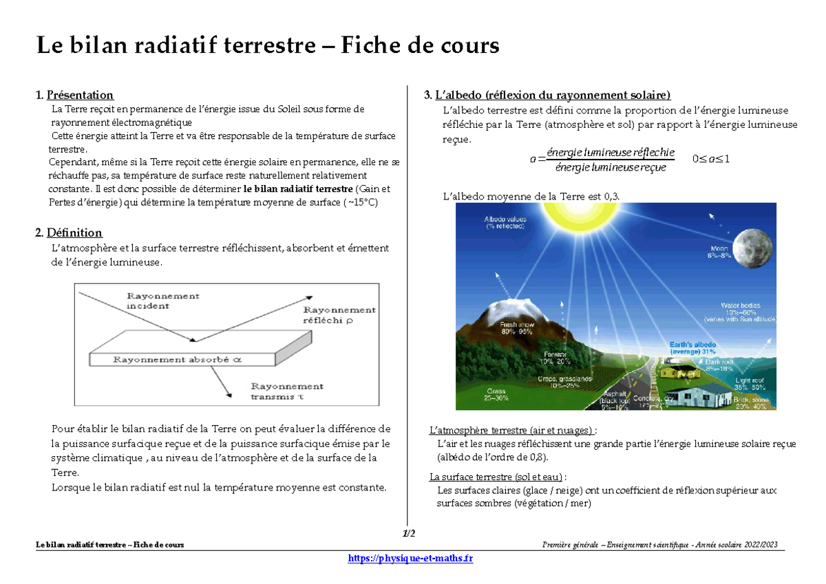 Bilan radiatif fiche cours - Le bilan radiatif terrestre – Fiche de ...