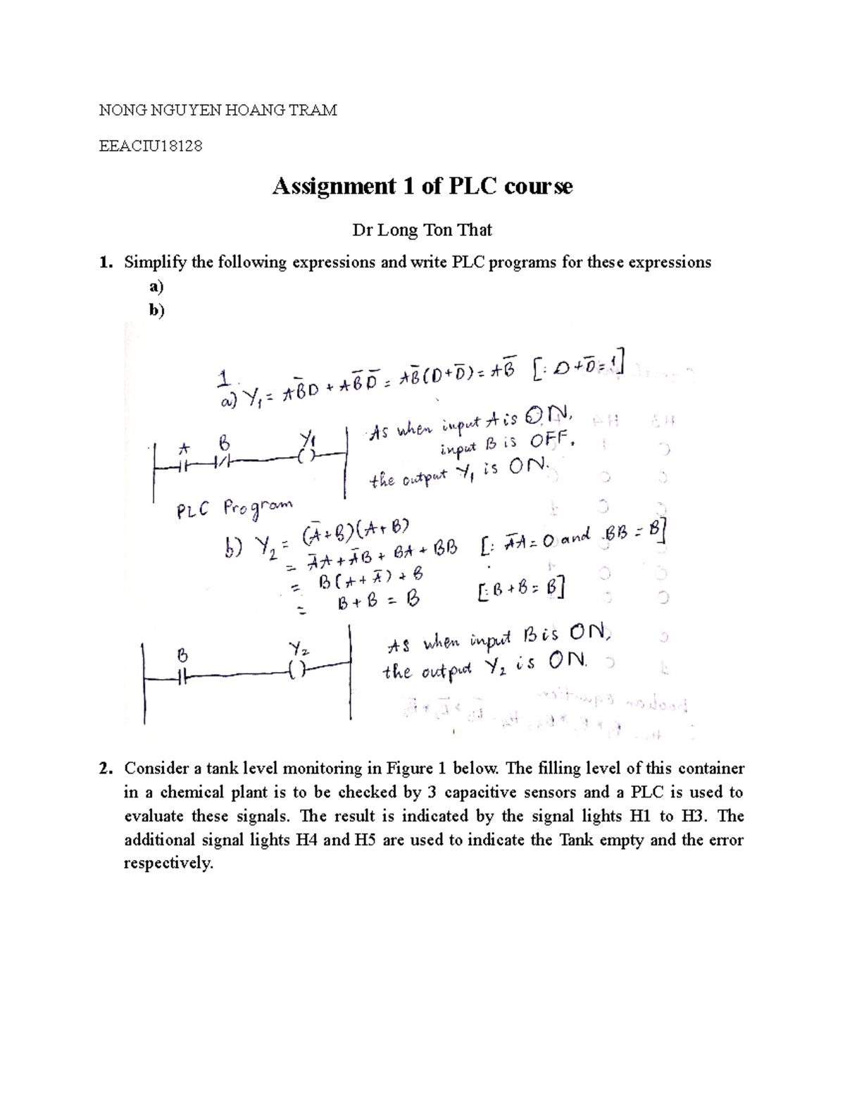 Assignment 1 for PLC v2 - the homework required intermediate understanding about PLC, basic ...