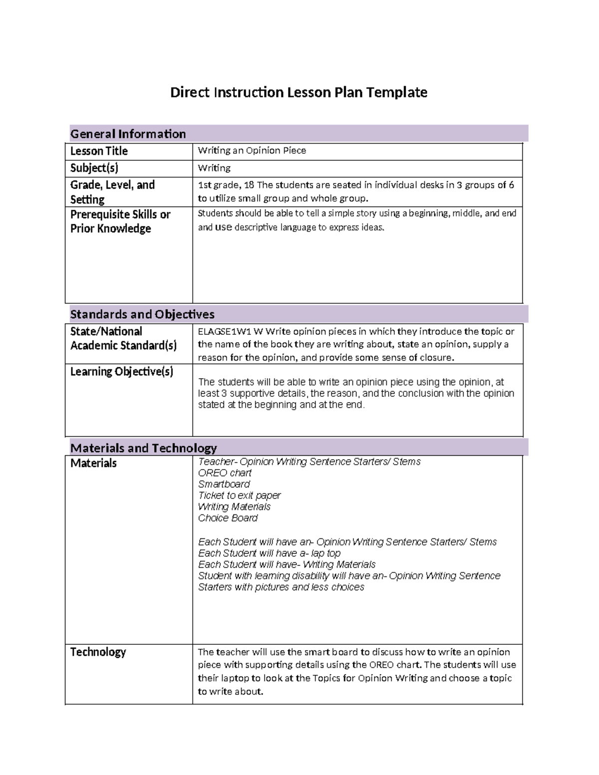 Direct Instruction Lesson Plan opinion writing revised - Direct ...