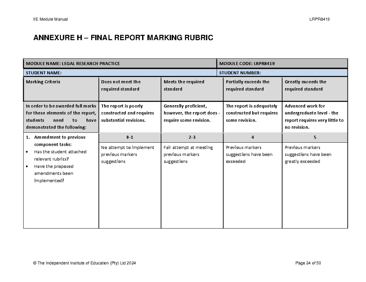 LRPR8419MM - module outline - ANNEXURE H – FINAL REPORT MARKING RUBRIC MODULE NAME: LEGAL ...