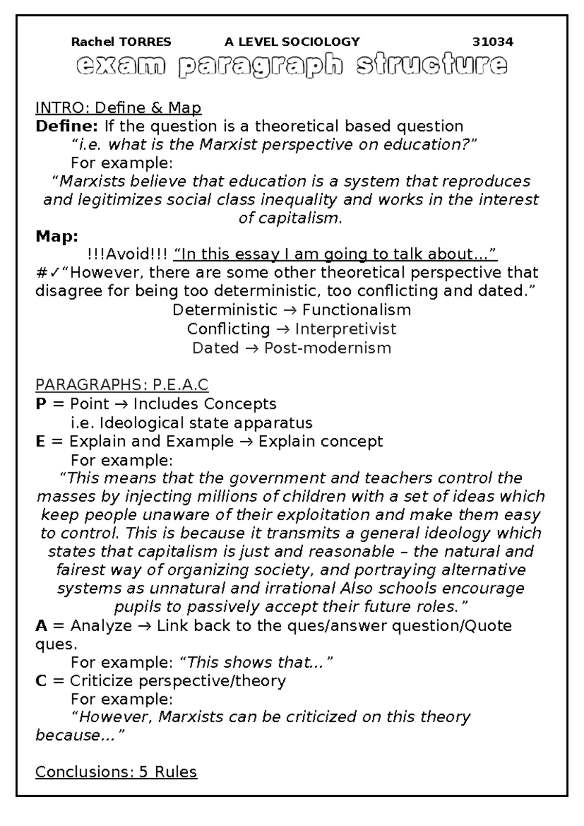 Exam Structure - Rachel TORRES A LEVEL SOCIOLOGY 31034 INTRO: Define ...